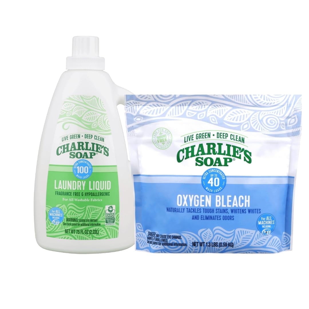 Charlie's Soap Laundry Liquid (100 Loads) and Oxygen Powered Bleach ...