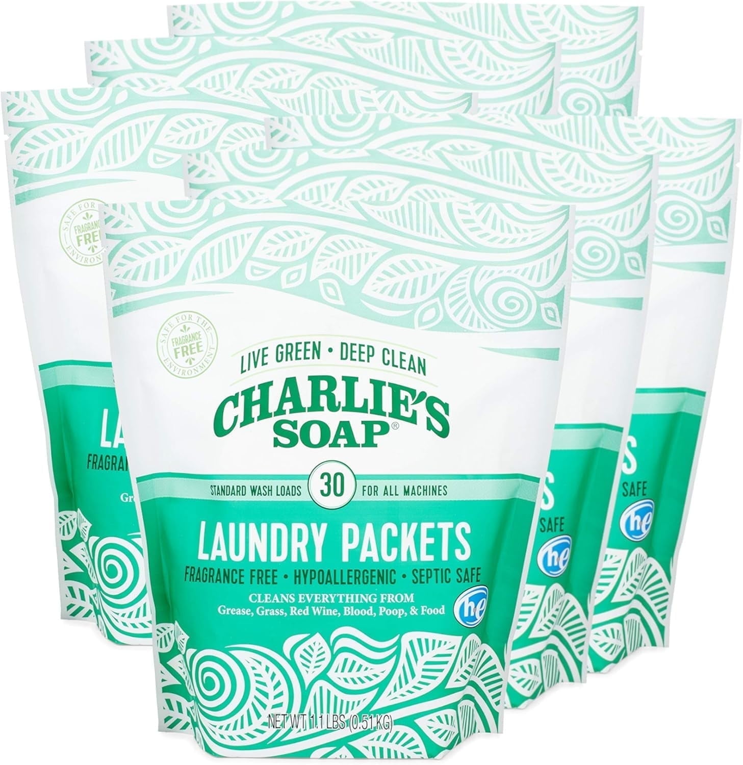 Charlie's Soap - Unscented Powdered Laundry Packets 30 Count (6 Pack ...