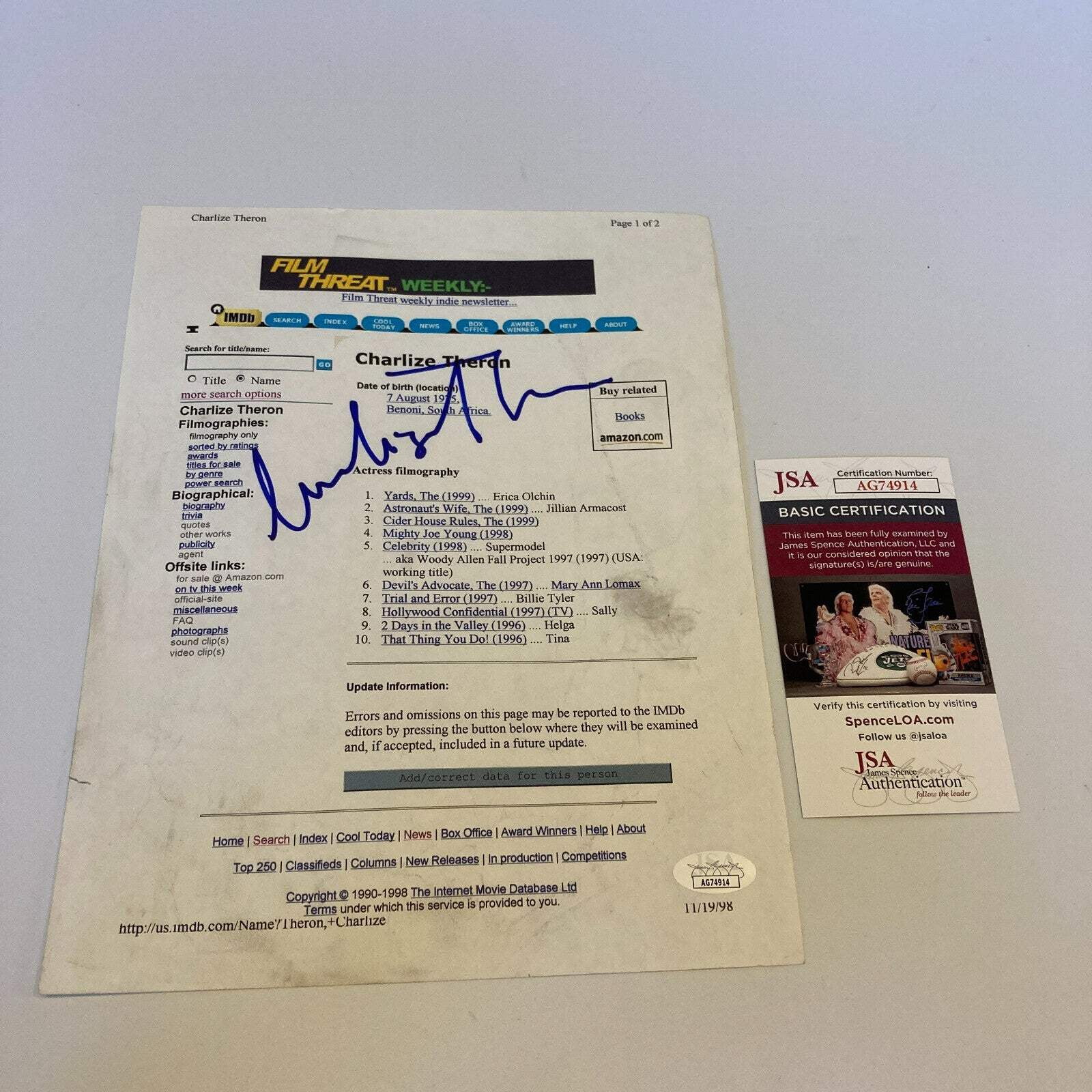 Charlize Theron Signed Vintage IMDB Biography Sheet With JSA COA ...