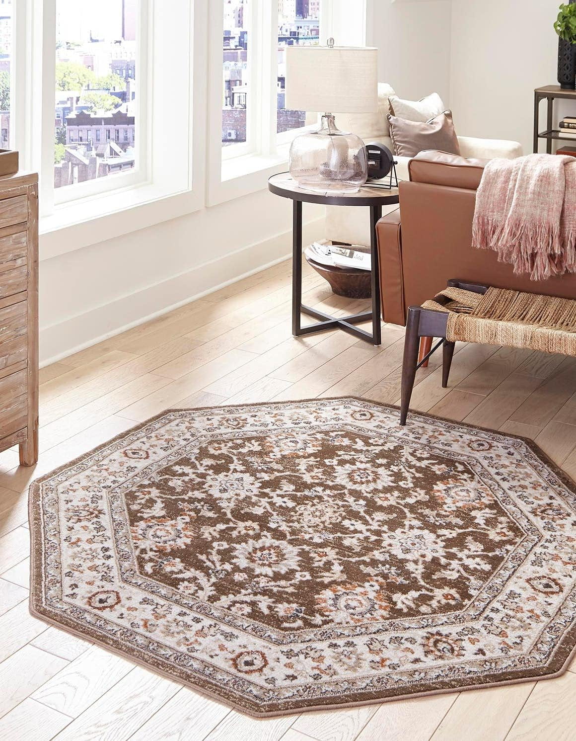 Charlotte Collection Rug – 8 Ft Octagon Brown Low-Pile Rug Perfect for ...
