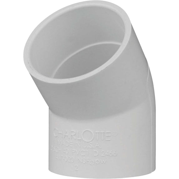 Charlotte Pipe Schedule 40 PVC 2in Slip Elbow, 45 Degree Bend, White ...