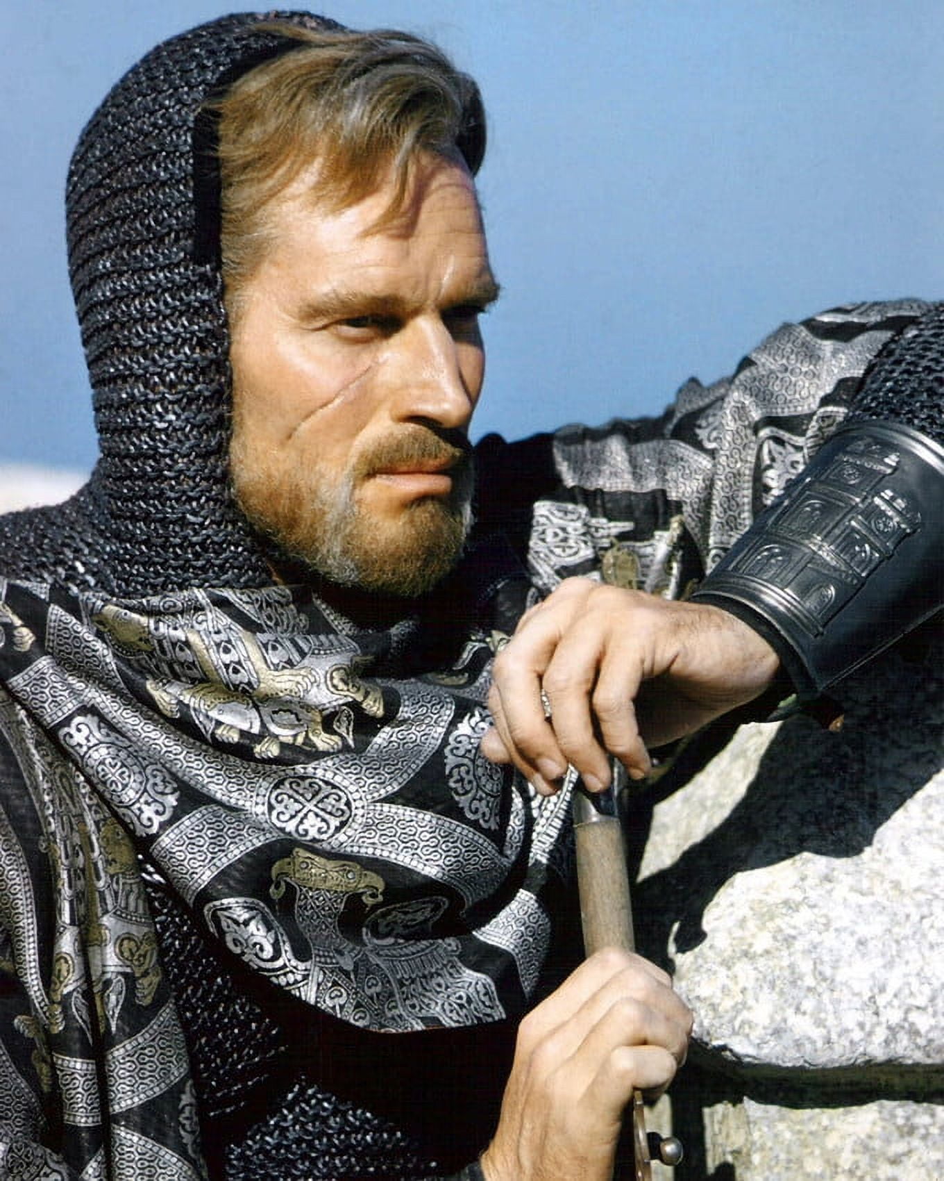 Charlton Heston In El Cid Portrait In Chain Armor Hood By Stone Wall ...