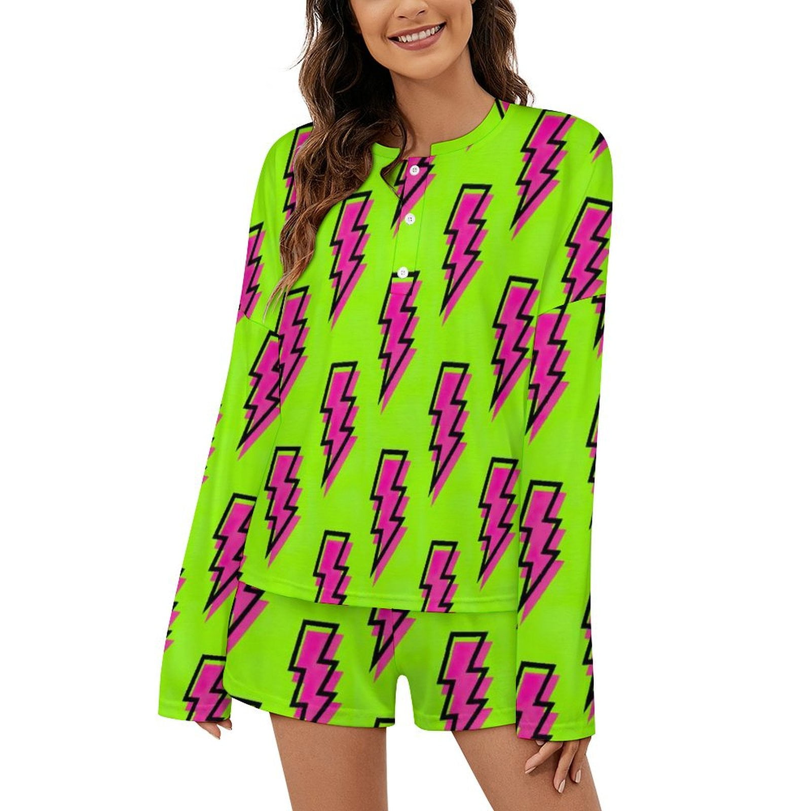 Sfneewho 80S 90S Neon Green Pink Lightning Bolt Print Pajama Set for ...