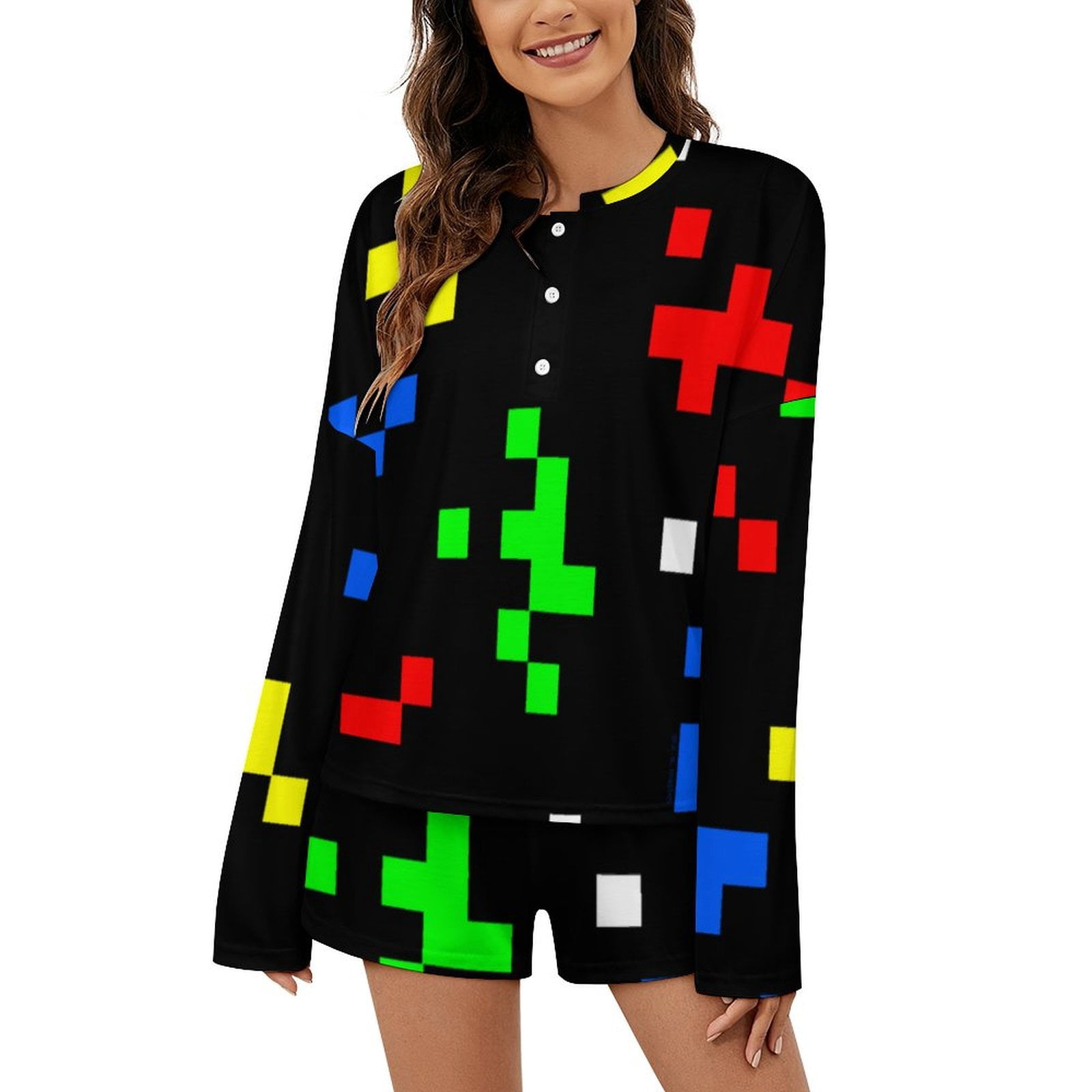 Sfneewho Black 8 Bit Video Game Graphics Pajama Set for Women 2 Piece ...