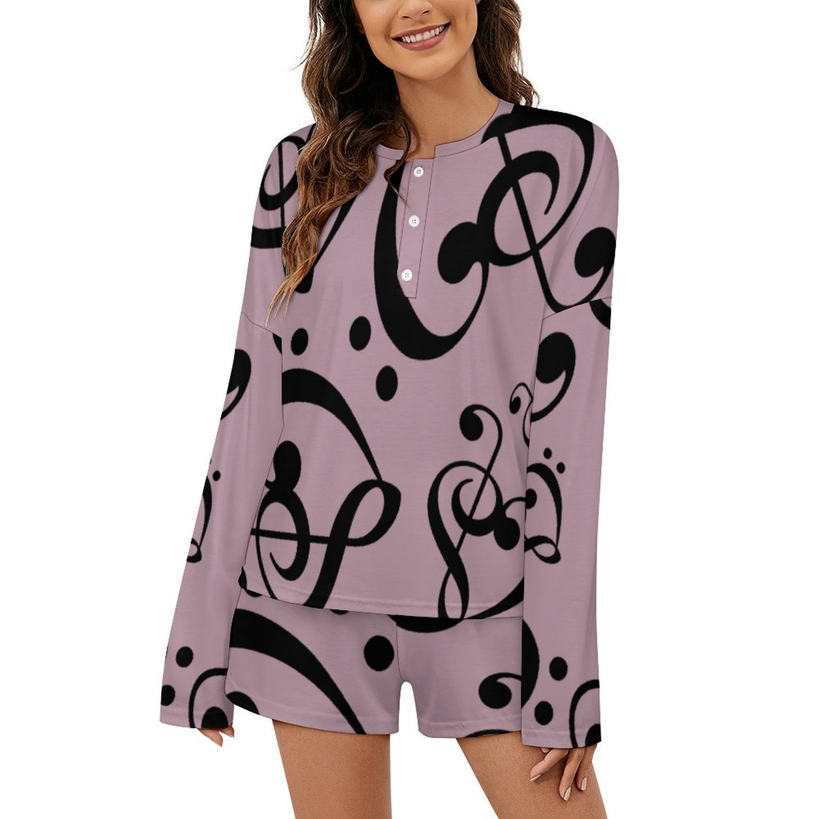 Sfneewho Black Treble Bass Clef Hearts Music Notes Pajama Set for Women ...