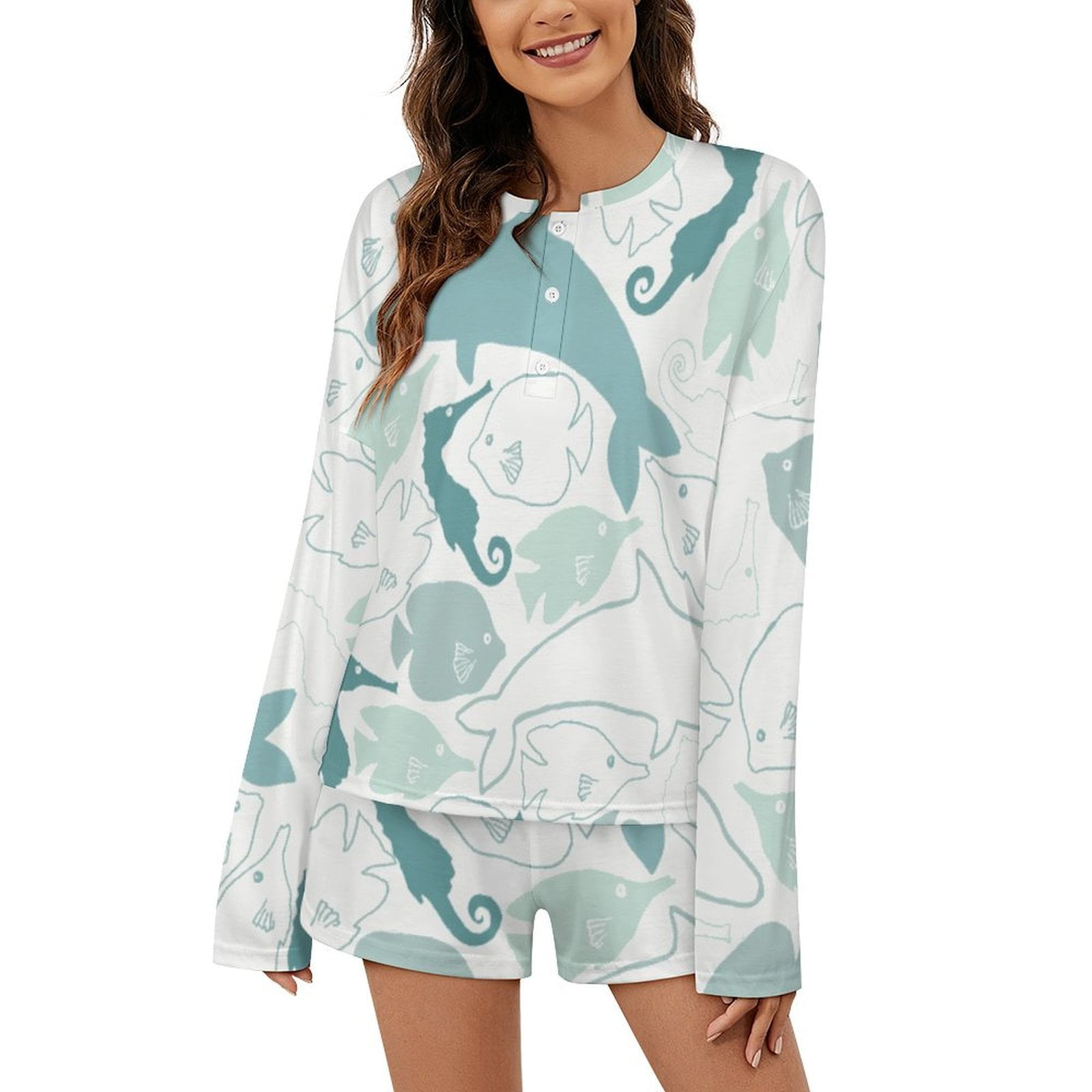Sfneewho Blue Dolphin Sea Life Nautical Pajama Set for Women 2 Piece ...