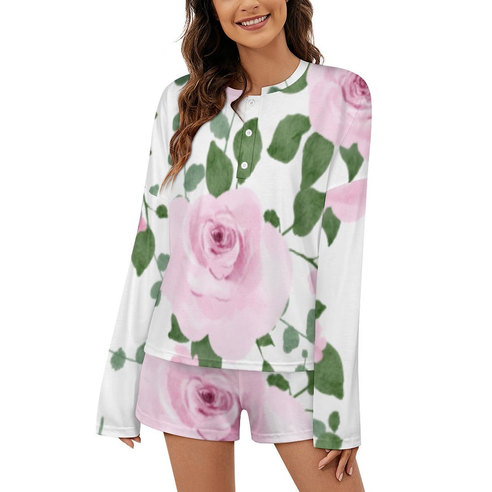 Sfneewho Boho Watercolor Blush Pink Rose Floral Pajama Set for Women 2 ...