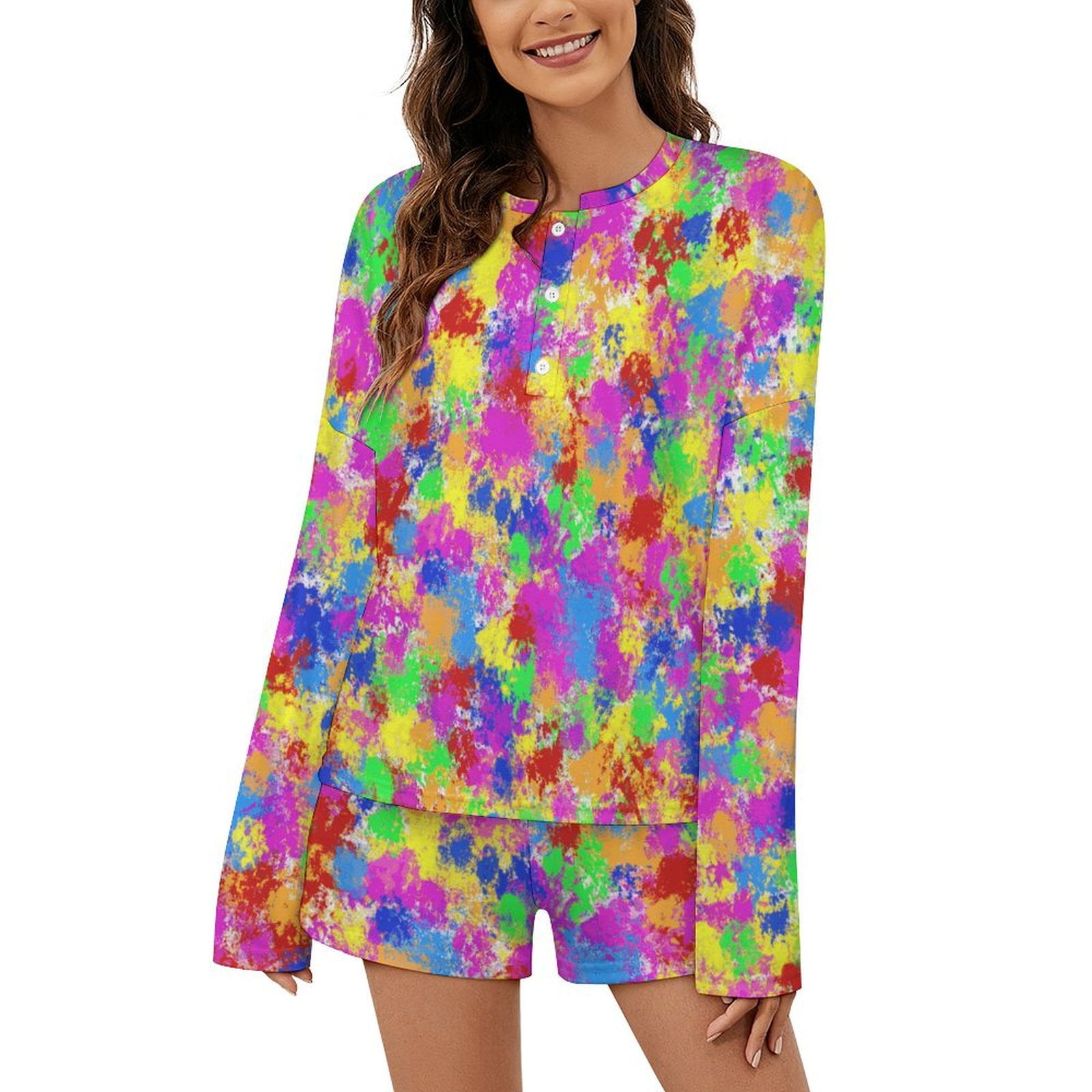 Sfneewho Colorful Splatter Paint Rainbow Artist Pajama Set for Women 2 ...