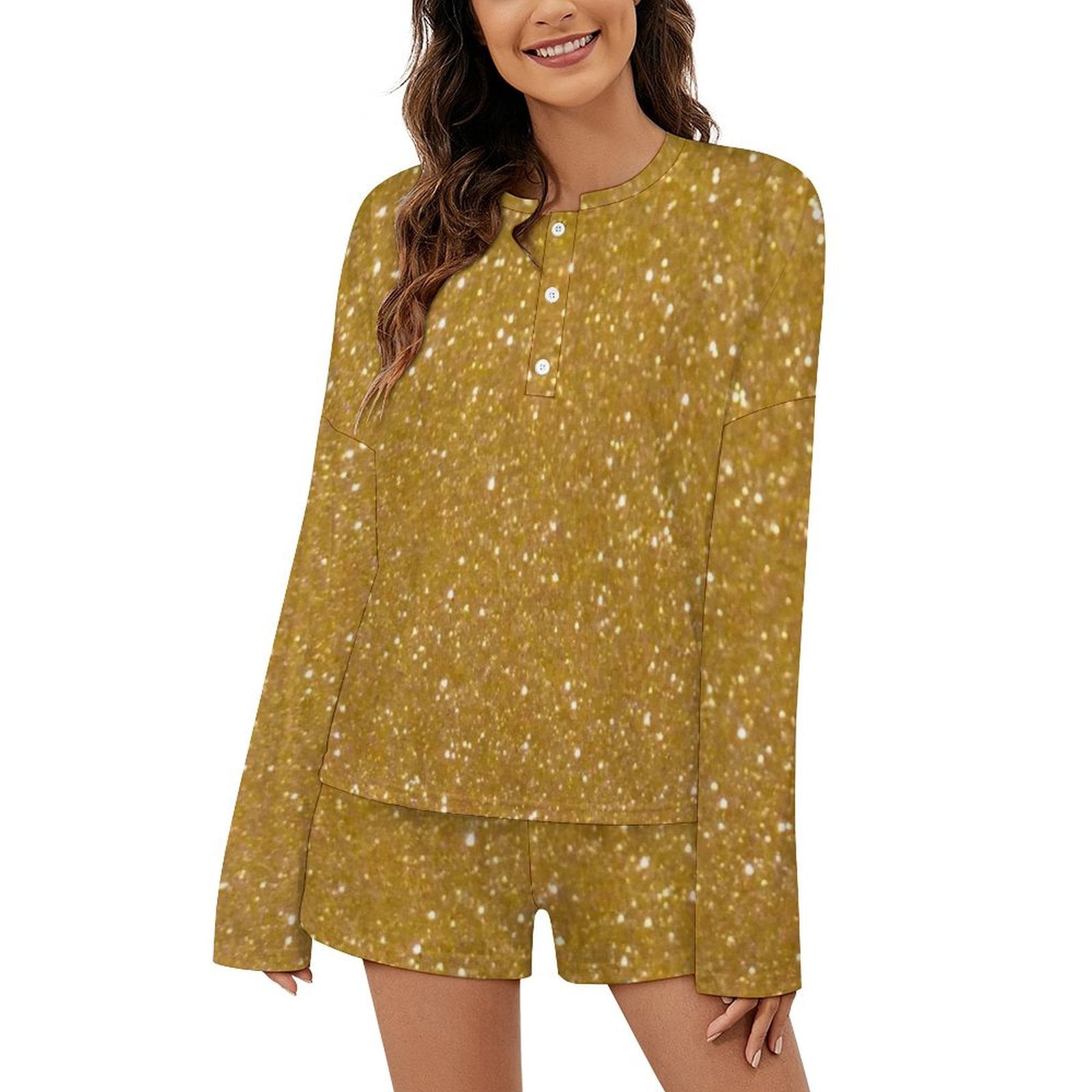 Sfneewho Faux Gold Glitter Printed Sparkly Tights Pajama Set for Women ...