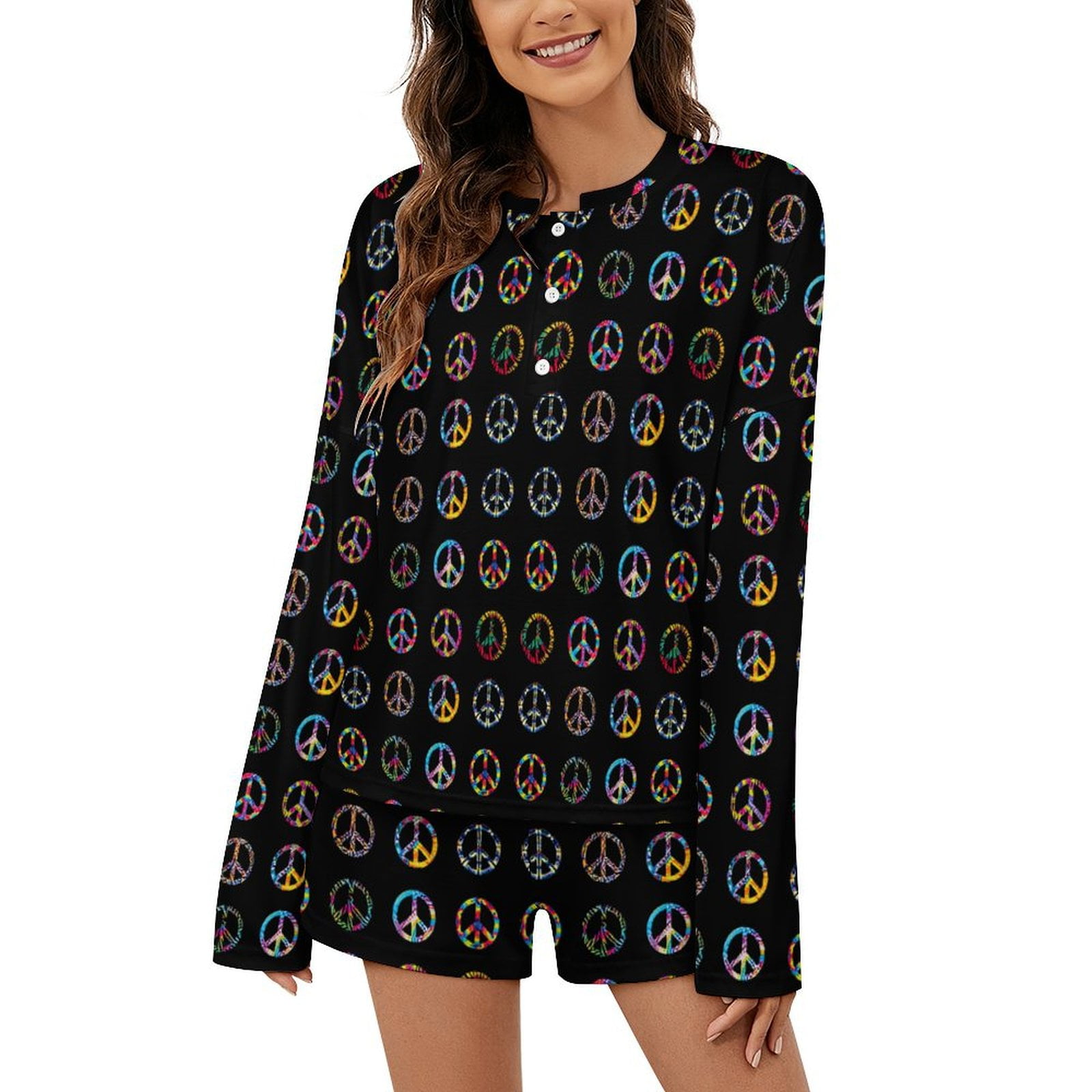 Sfneewho Groovy Retro Peace Signs On Black Pajama Set for Women 2 Piece ...
