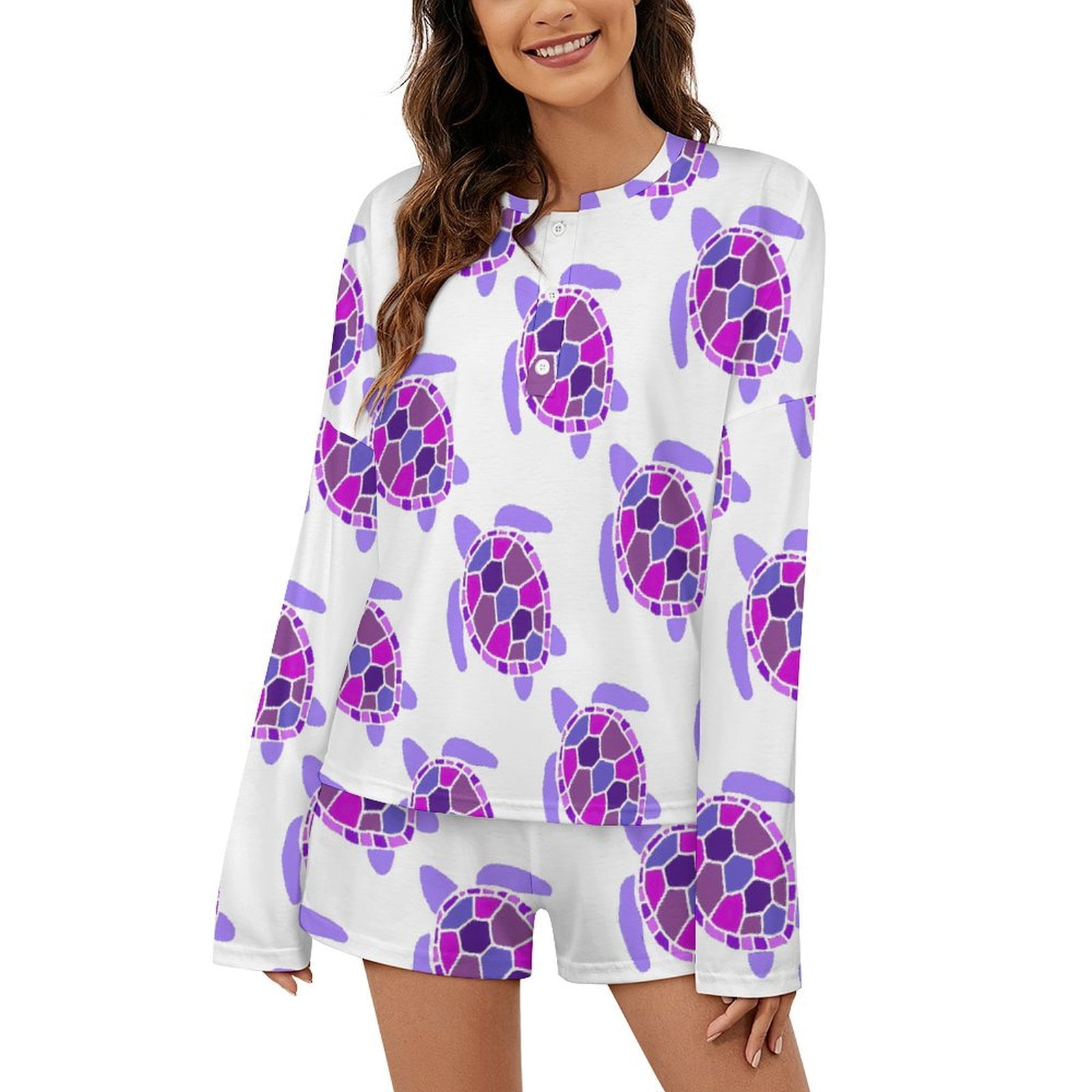 Sfneewho Pink And Purple Sea Turtle Pajama Set for Women 2 Piece Lounge ...