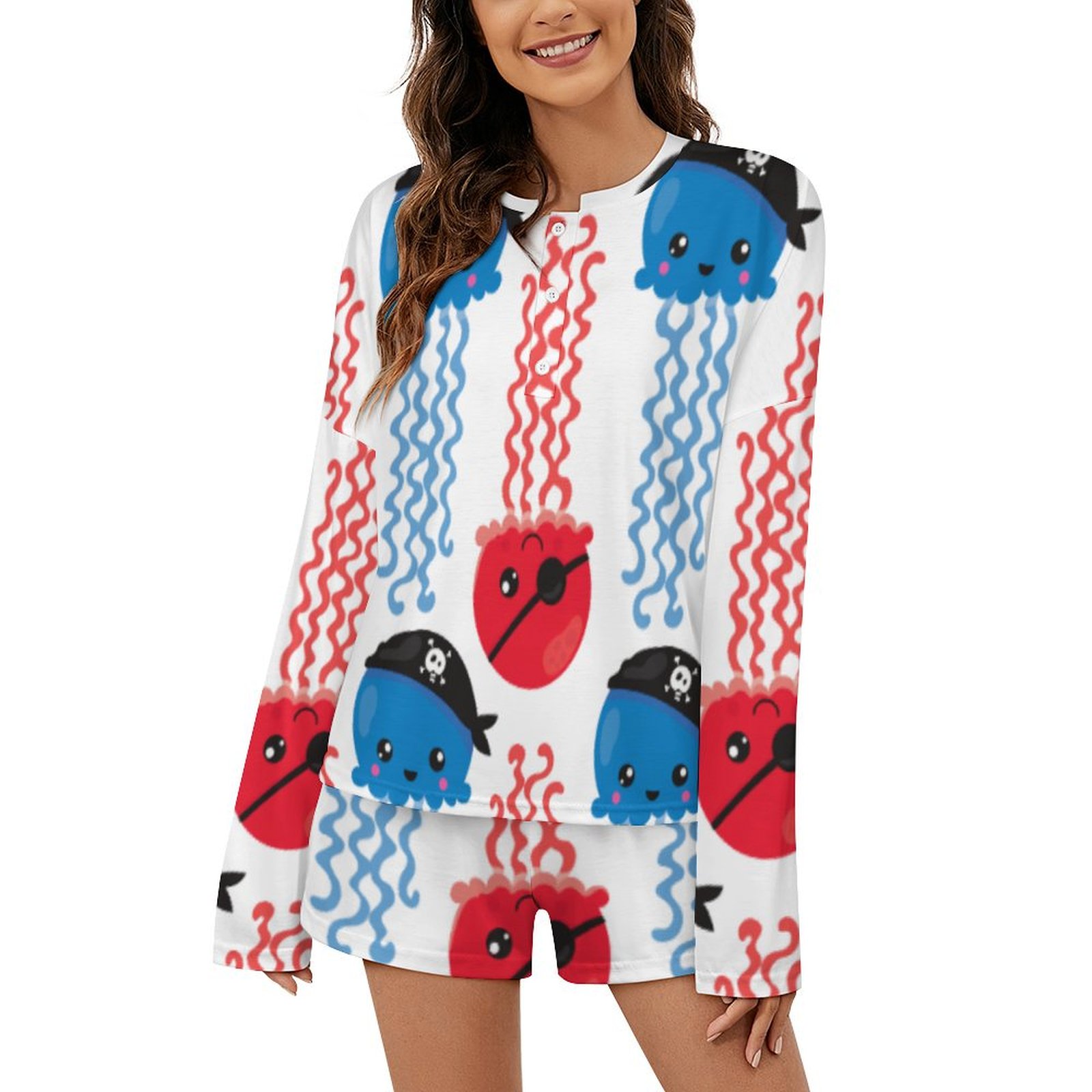 Sfneewho Pirate Jellyfish Skull Octopus And Penguin Pajama Set for Women 2 Piece Lounge Set Tops ...