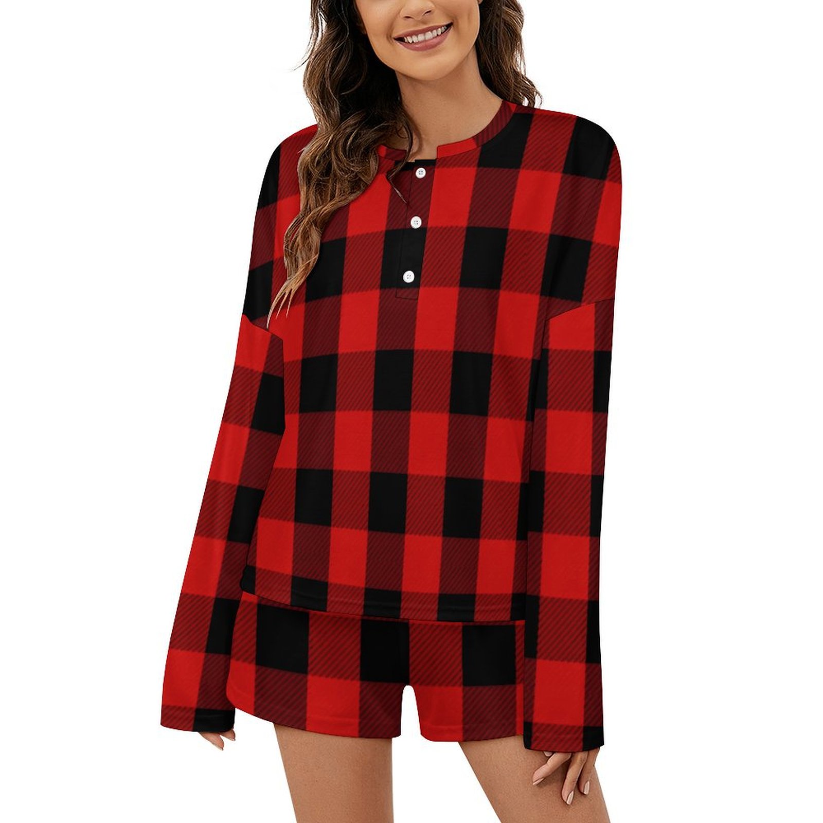 Sfneewho Red Buffalo Check Plaid Pajama Set for Women 2 Piece Lounge ...