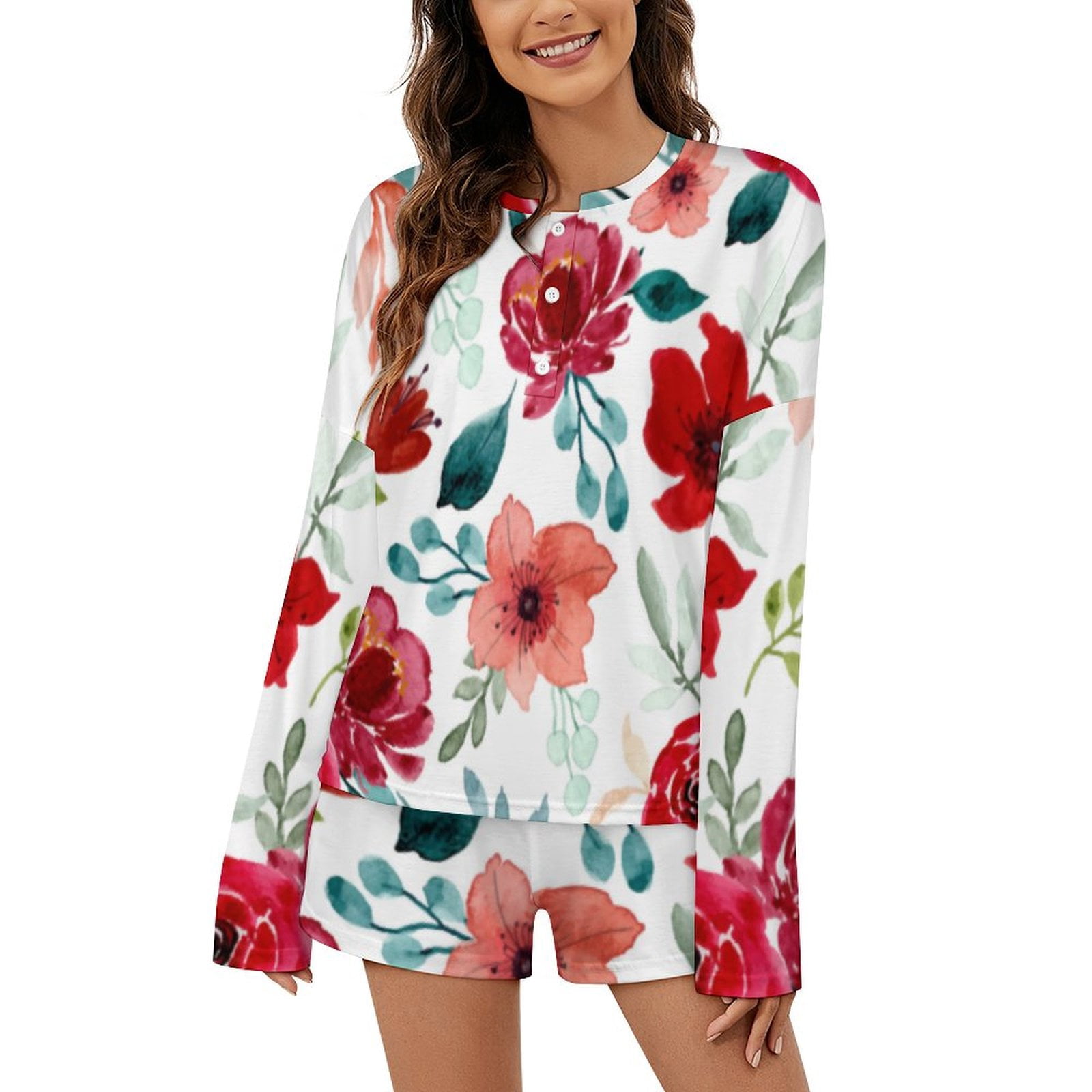 Sfneewho Red Pink Watercolor Flowers Teal Leaves White Body Pajama Set ...