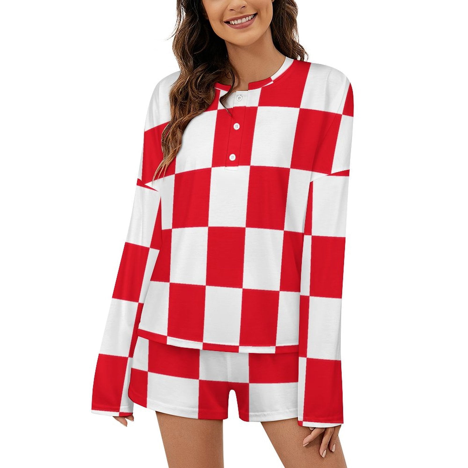 Sfneewho Red White Croatian Geometric Checkered Pajama Set for Women 2 ...