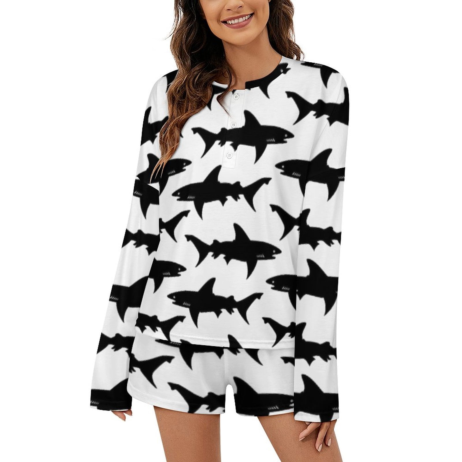 Sfneewho Shark Week Bait Cute Shark Beach Ocean Pajama Set for Women 2 ...
