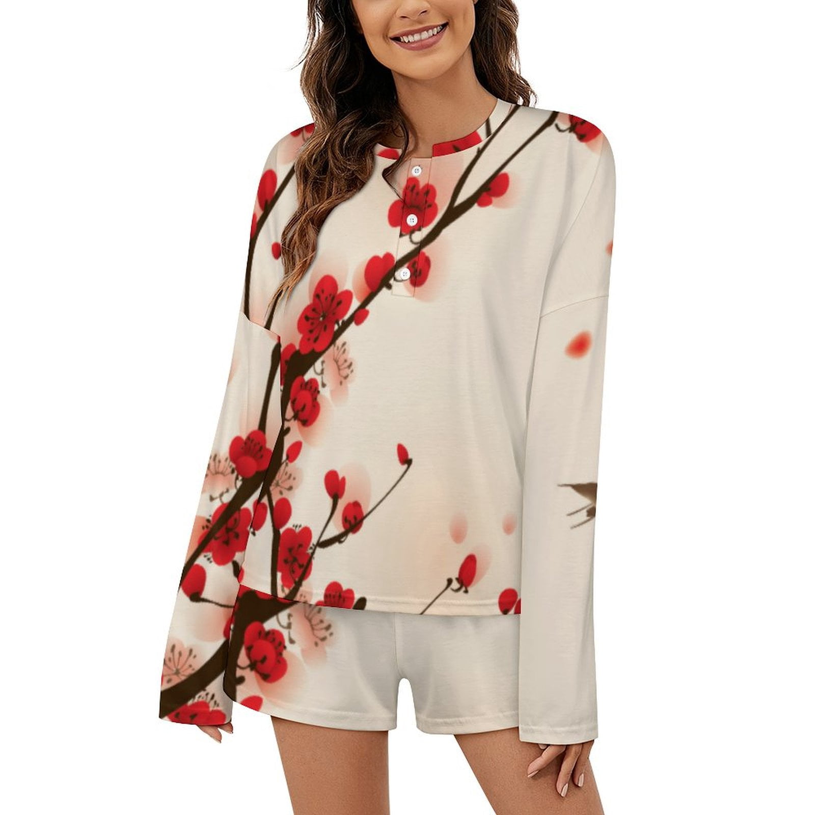 Sfneewho Spring White Floral Red Cherry Plum Blossom Pajama Set for ...
