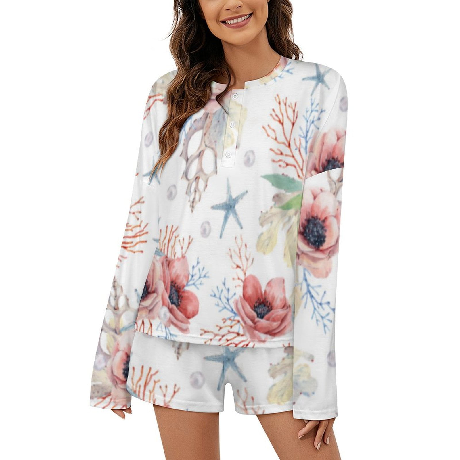 Sfneewho Starfish Seaweeds Pink Flowers Pajama Set for Women 2 Piece ...