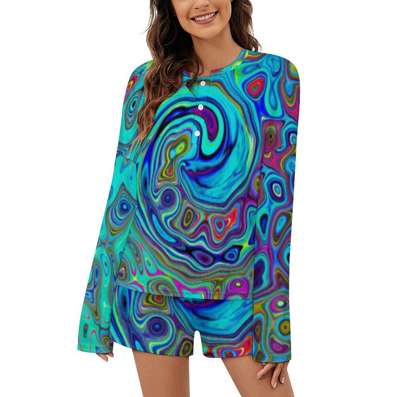 Sfneewho Trippy Sky Blue Abstract Retro Liquid Swirl Body Pajama Set for Women 2 Piece Lounge ...