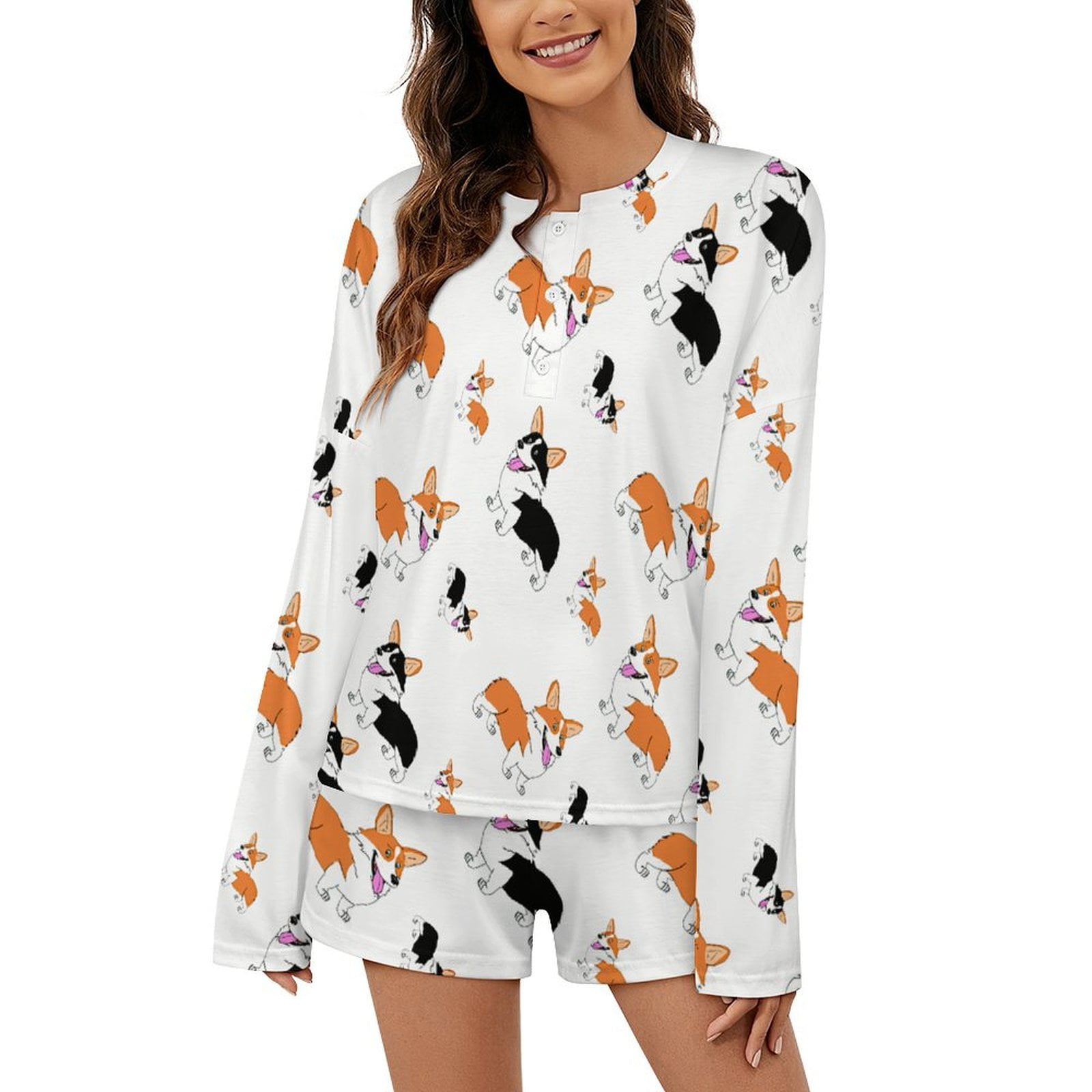 Sfneewho Welsh Corgi Print Pajama Set for Women 2 Piece Lounge Set Tops ...