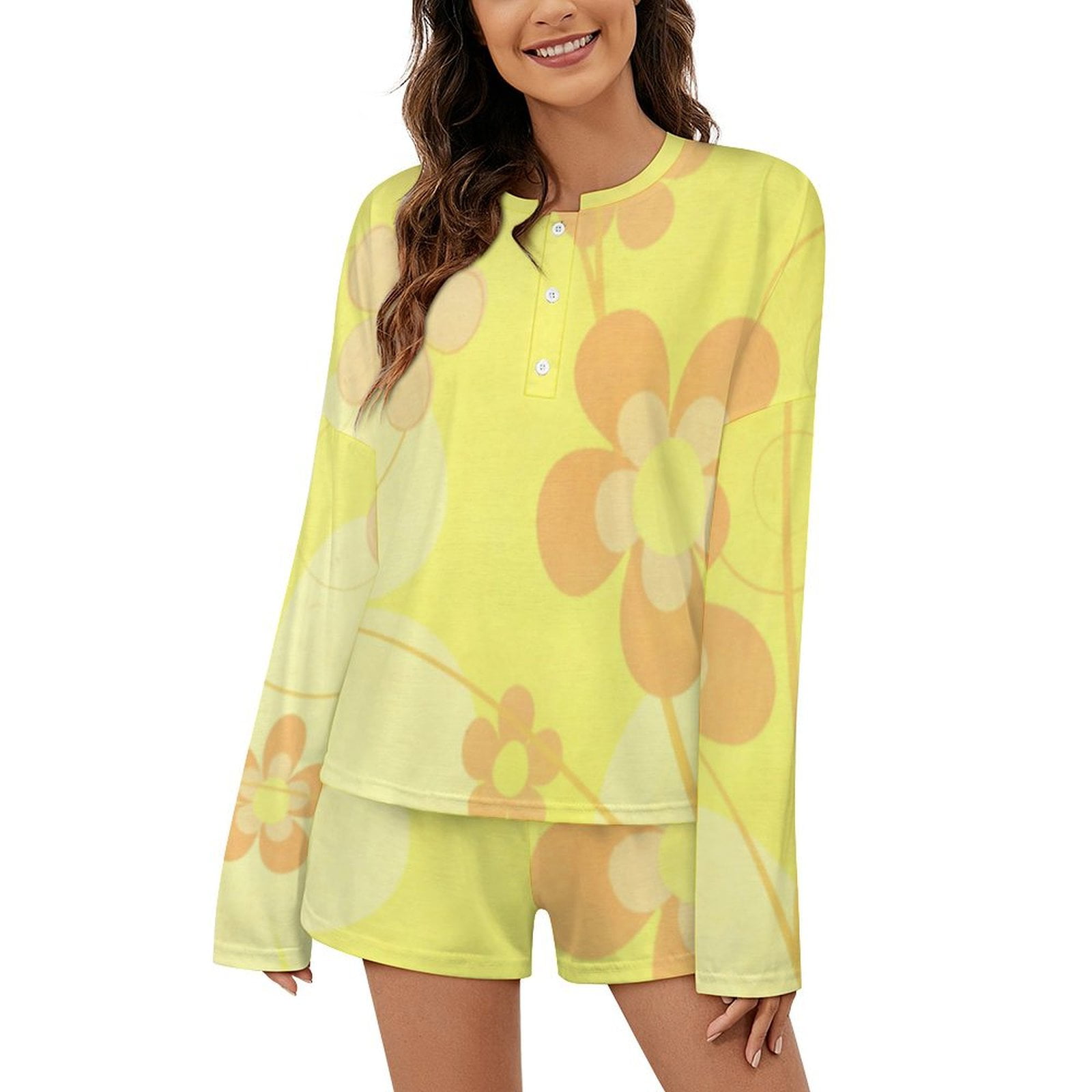 Sfneewho Yellow Orange Flowers Simple Cute Summer Floral Pajama Set for ...