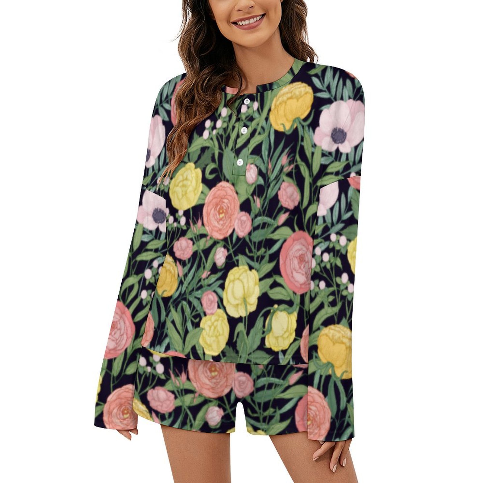 Sfneewho Yellow Pink Buttercup On Navy Floralcase Pajama Set for Women ...