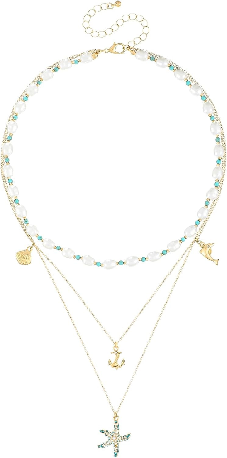 Charm Best Neckalce for Women|Gold Layered Necklace | Shell Conch Starfish Mermaid Rudder Charms ...