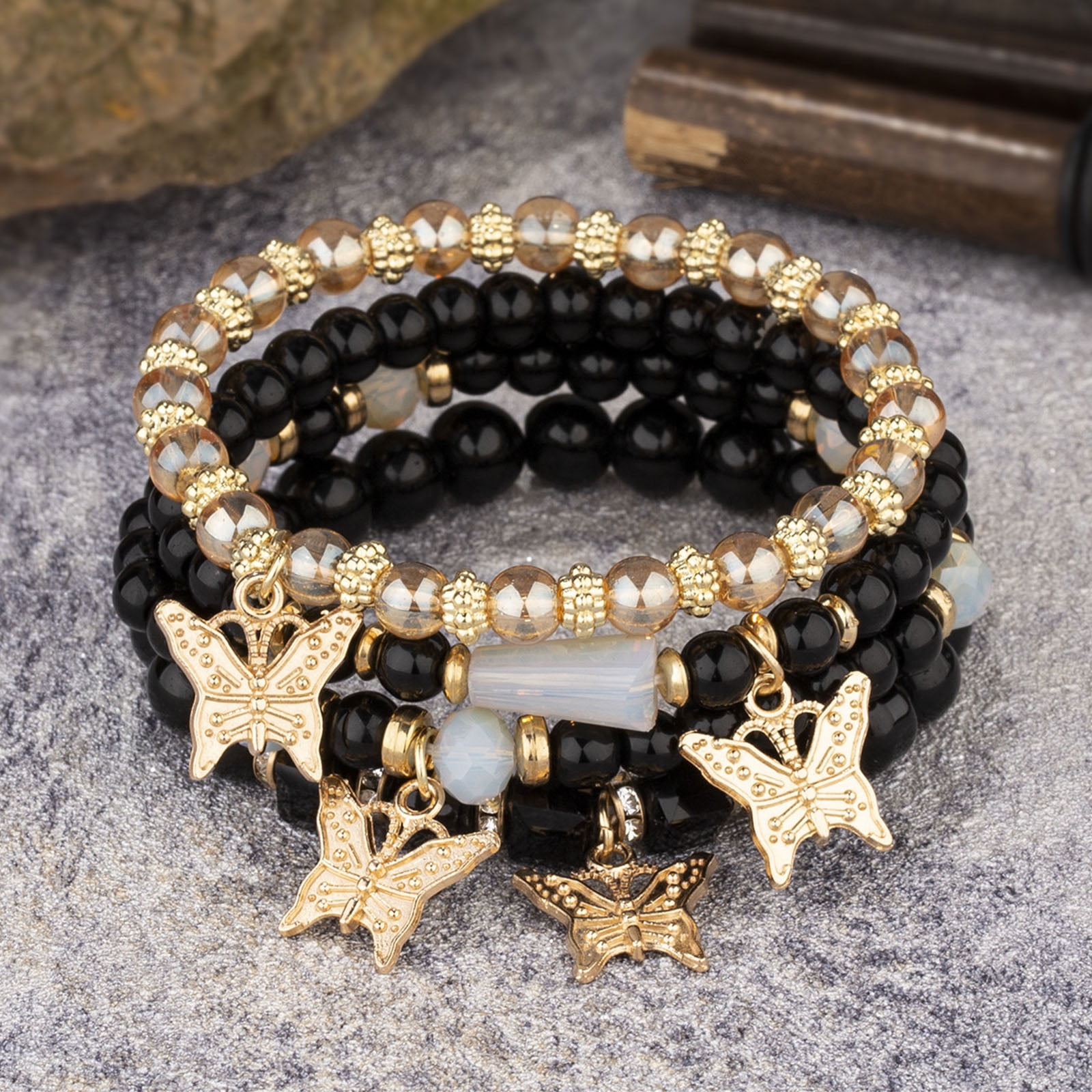 Charm Bracelets for Women 4 Pcs Set, Butterfly Bead Bracelet Stretch ...