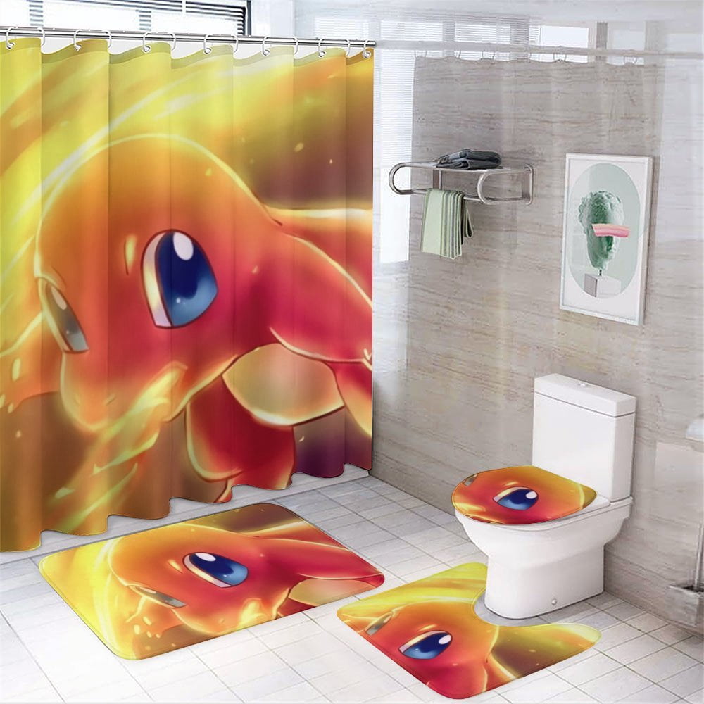 Charm_ander 4PCS Shower Curtain Bathroom Set with Rugs, Toilet Lid ...