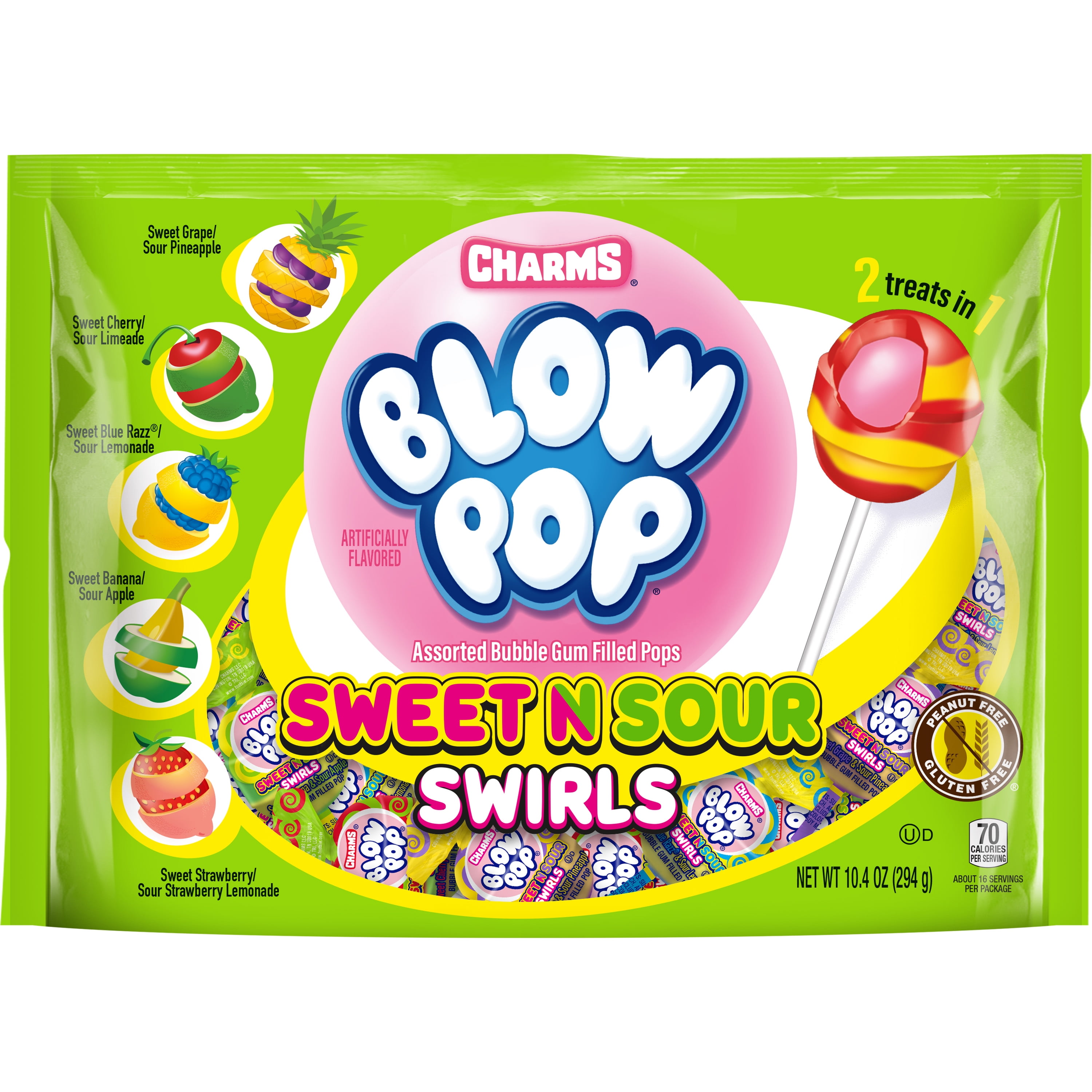 Charms Blow Pop Swirl Sweet & Sour Lollipops, 10.4 oz, 10 Count ...