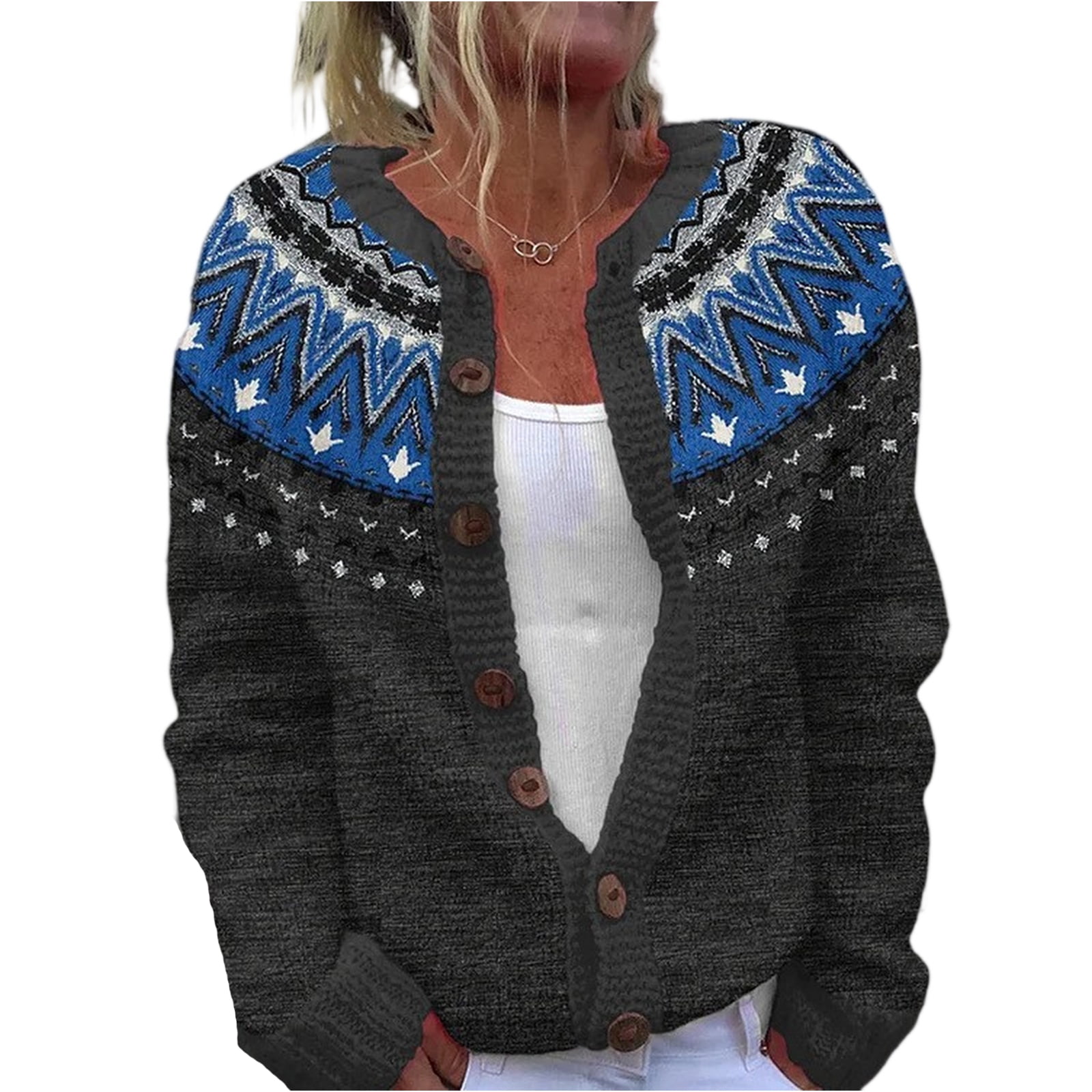 CharmCyan Fair Isle Cardigan Sweaters For Women R-Neck Loose Fit Button ...