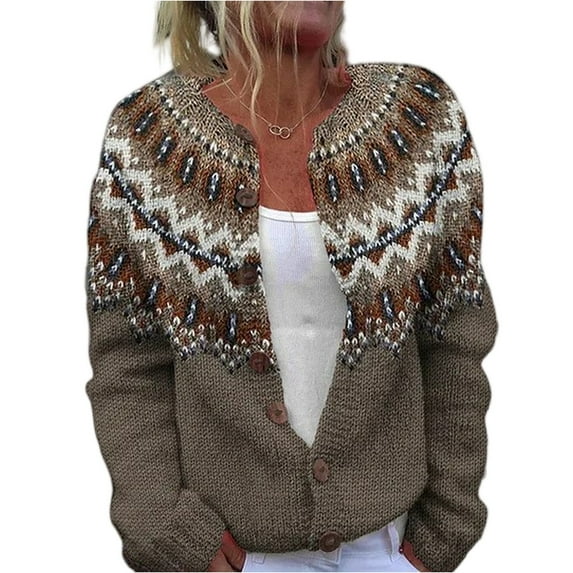 CharmCyan Fair Isle Cardigan Sweaters For Women R-Neck Loose Fit Button ...