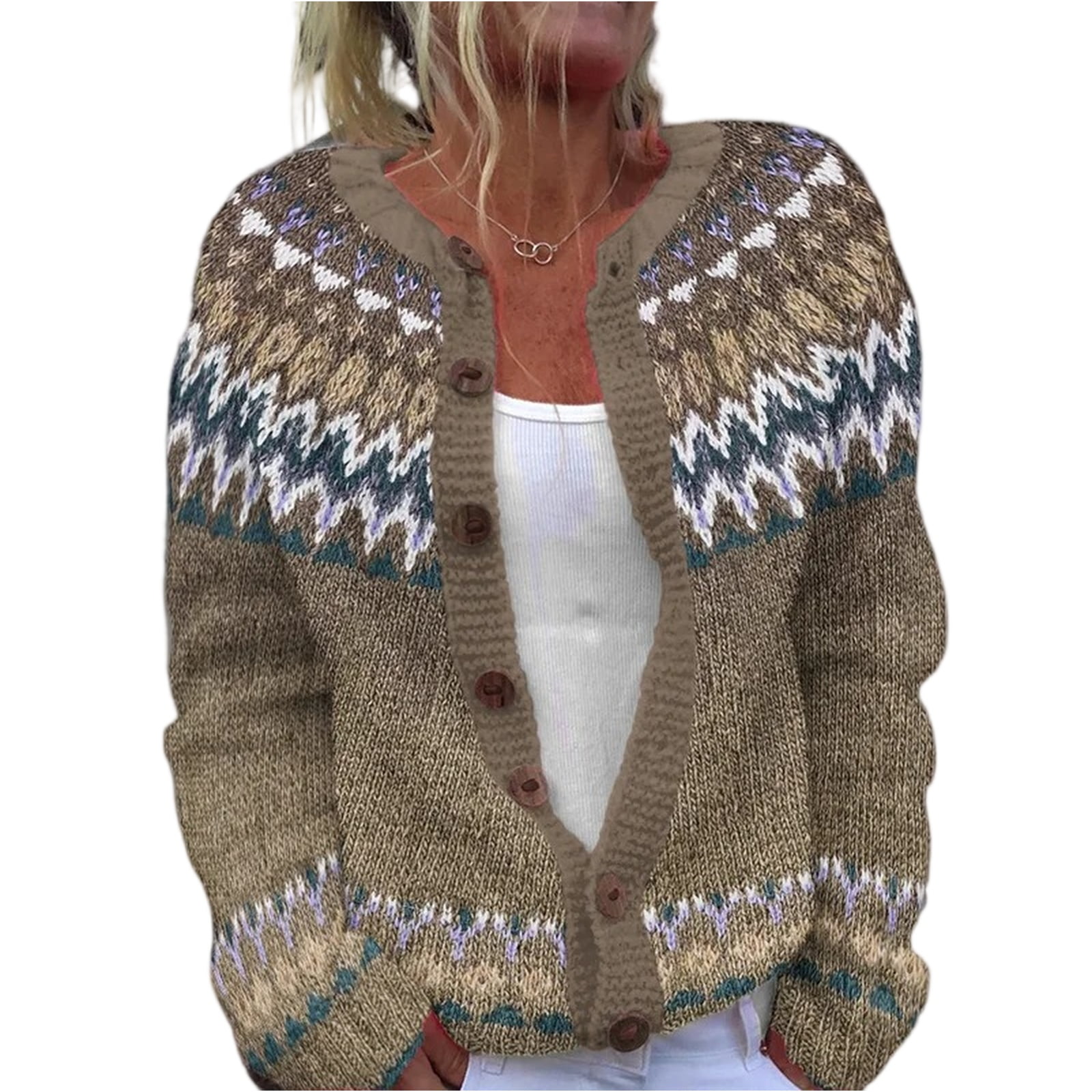 CharmCyan Fair Isle Cardigan Sweaters For Women R-Neck Loose Fit Button ...