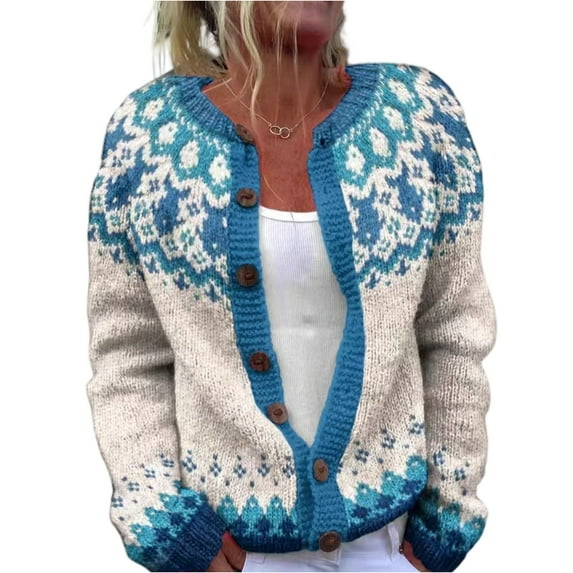 CharmCyan Fair Isle Cardigan Sweaters For Women R-Neck Loose Fit Button ...