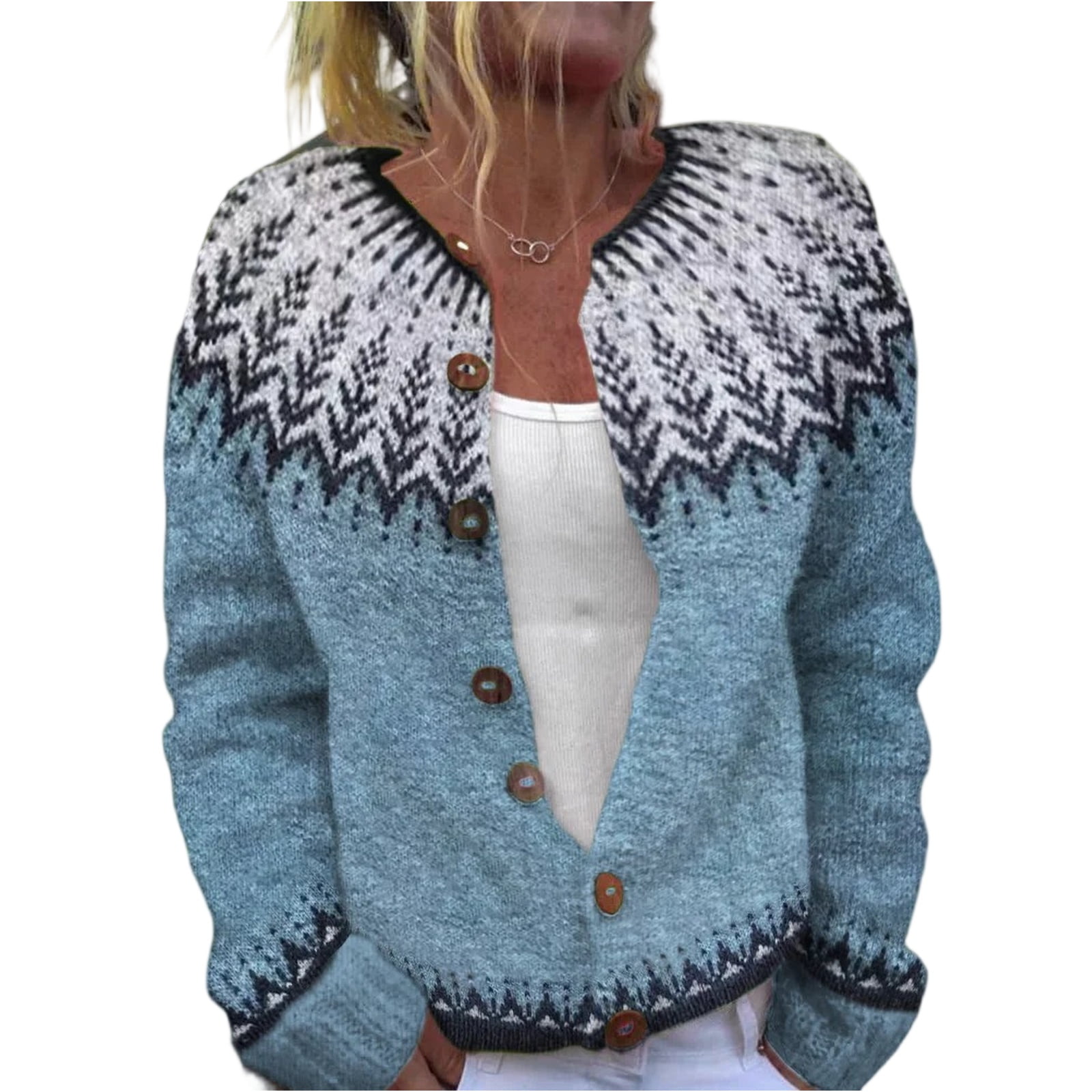 CharmCyan Fair Isle Cardigan Sweaters For Women R-Neck Loose Fit Button ...