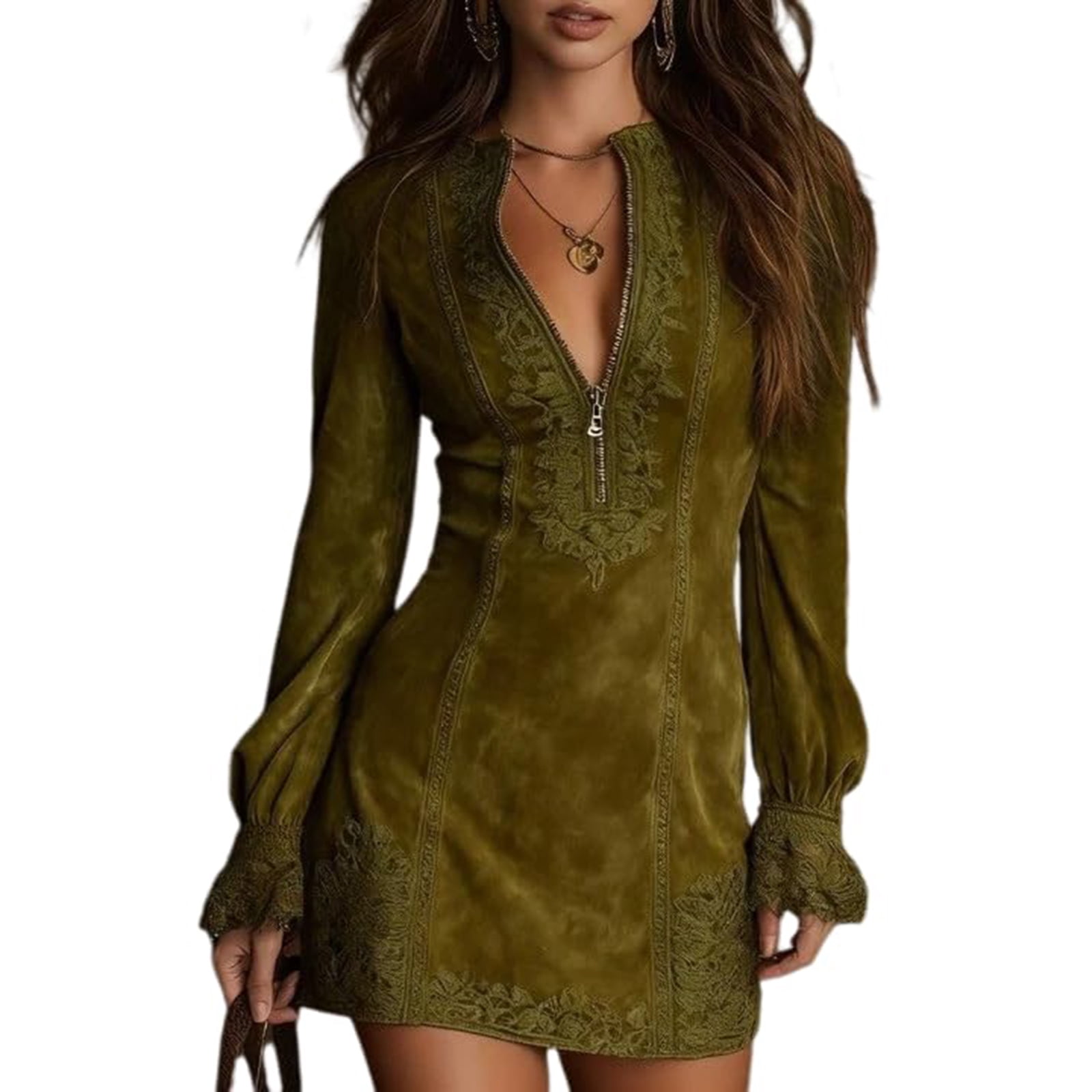 CharmCyan Long Sleeve Mini Dress for Women with Zipper Front Lace Trim ...