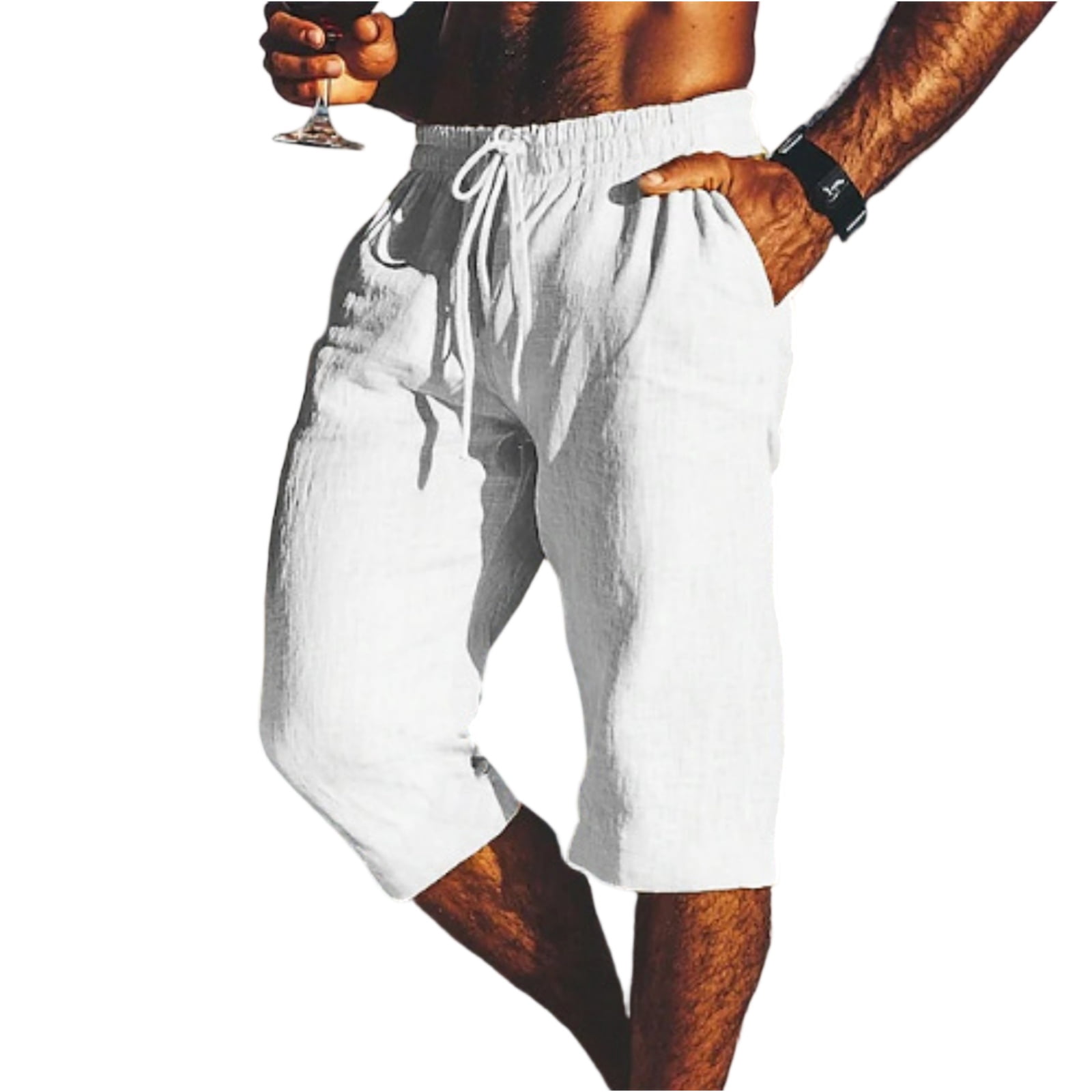 CharmCyan Men Linen Capri Pants Lightweight Drawstring Waist Loose Fit ...