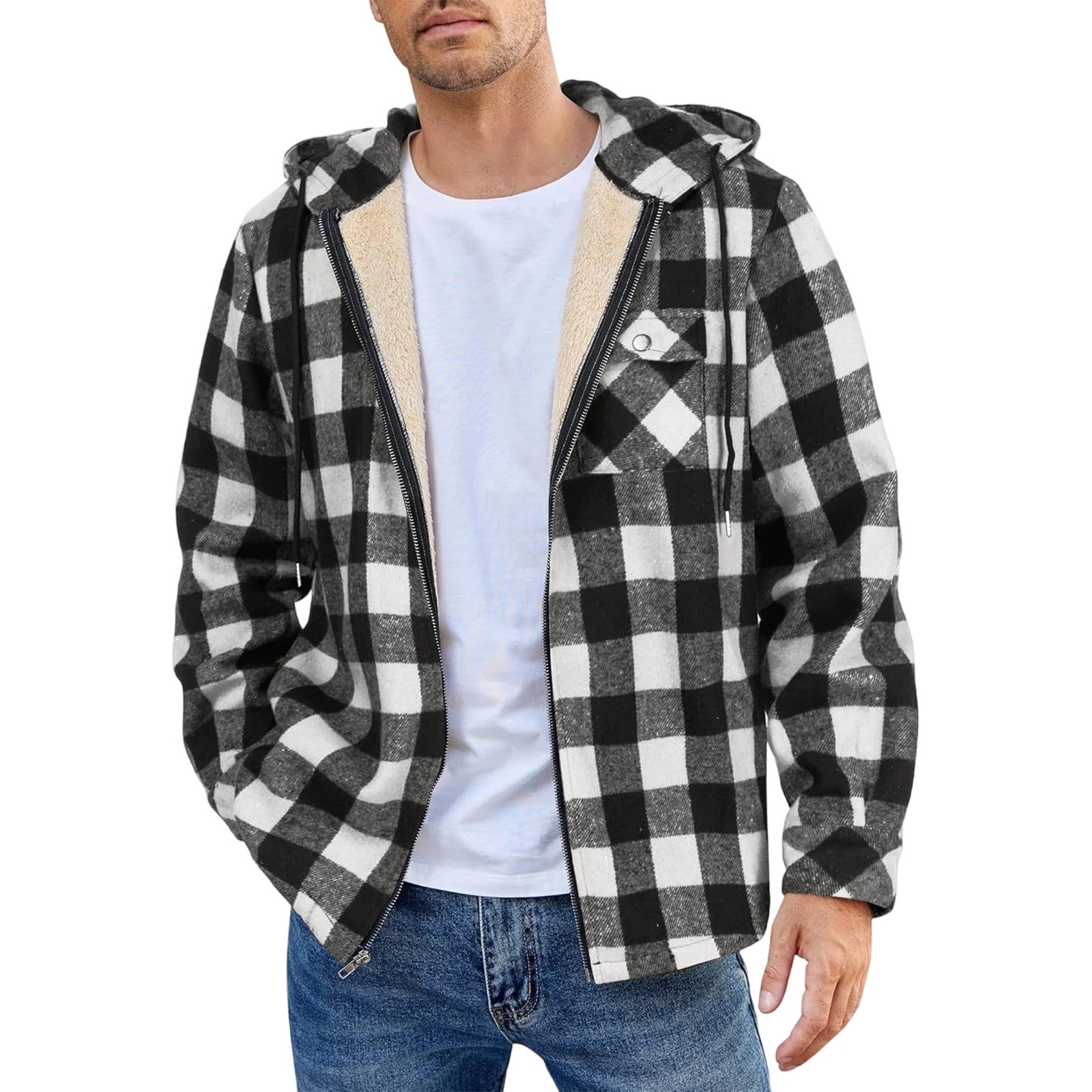 CharmCyan Men Sherpa Lined Plaid Hooded Jacket Full Zip Warm Winter ...
