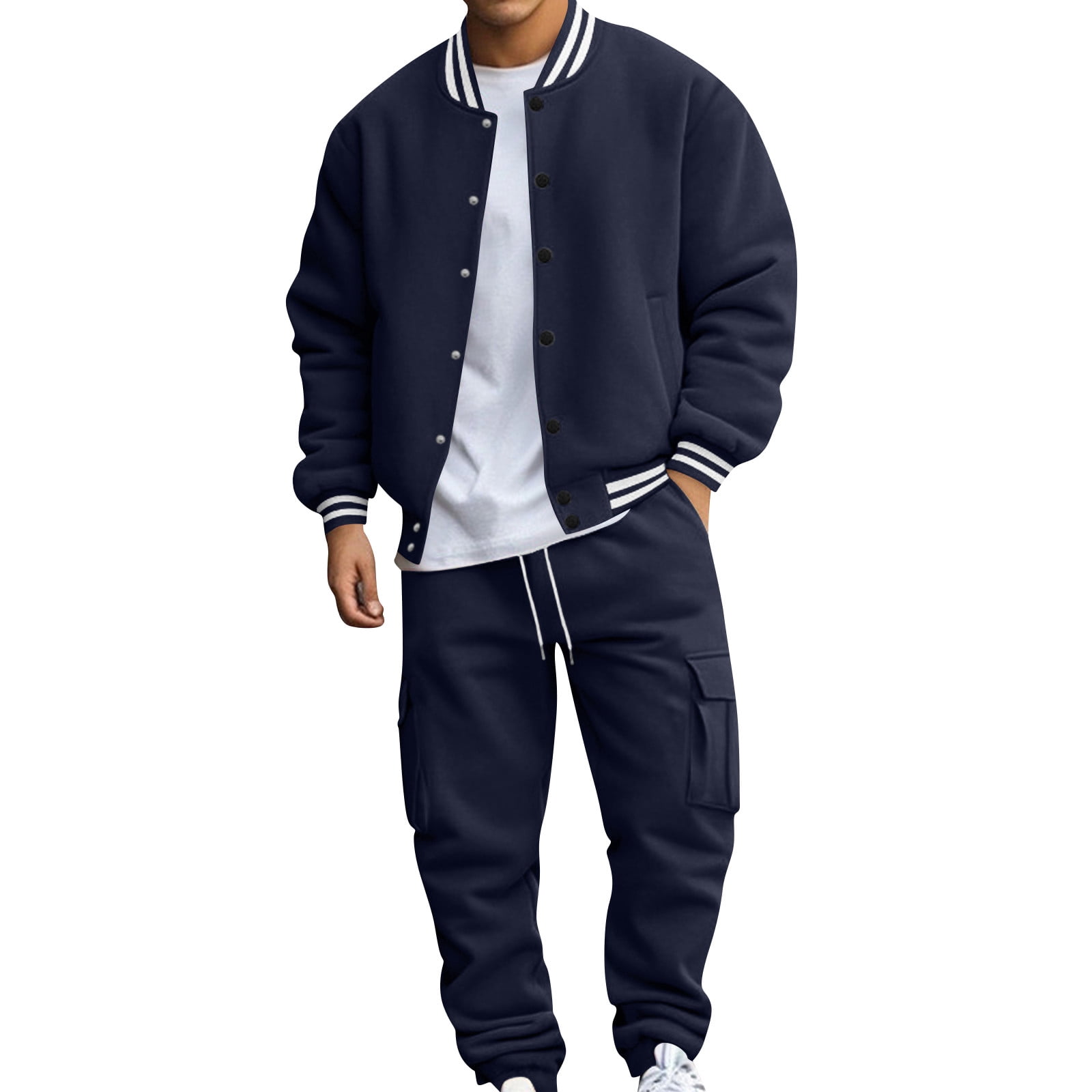 CharmCyan Men's Casual Stand Up Collar Baseball Suit Set Navy XL ...