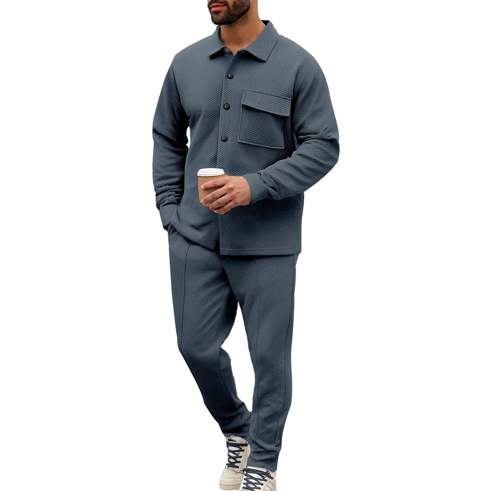 CharmCyan Men’s Casual Two Piece Textured Lounge Set, Long Sleeve ...