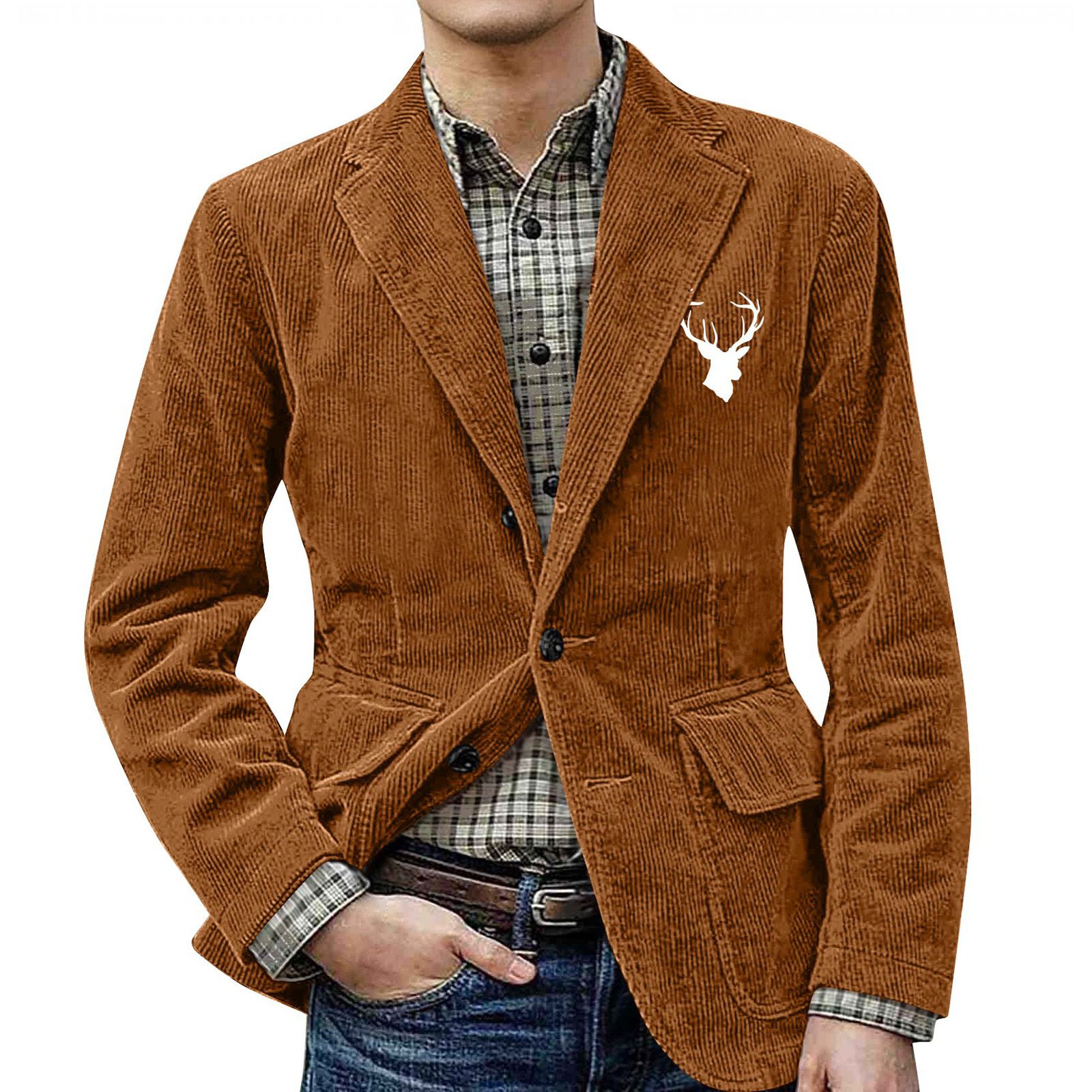 CharmCyan Men’s Corduroy Blazer Jacket with Deer Head Print Notch Lapel ...