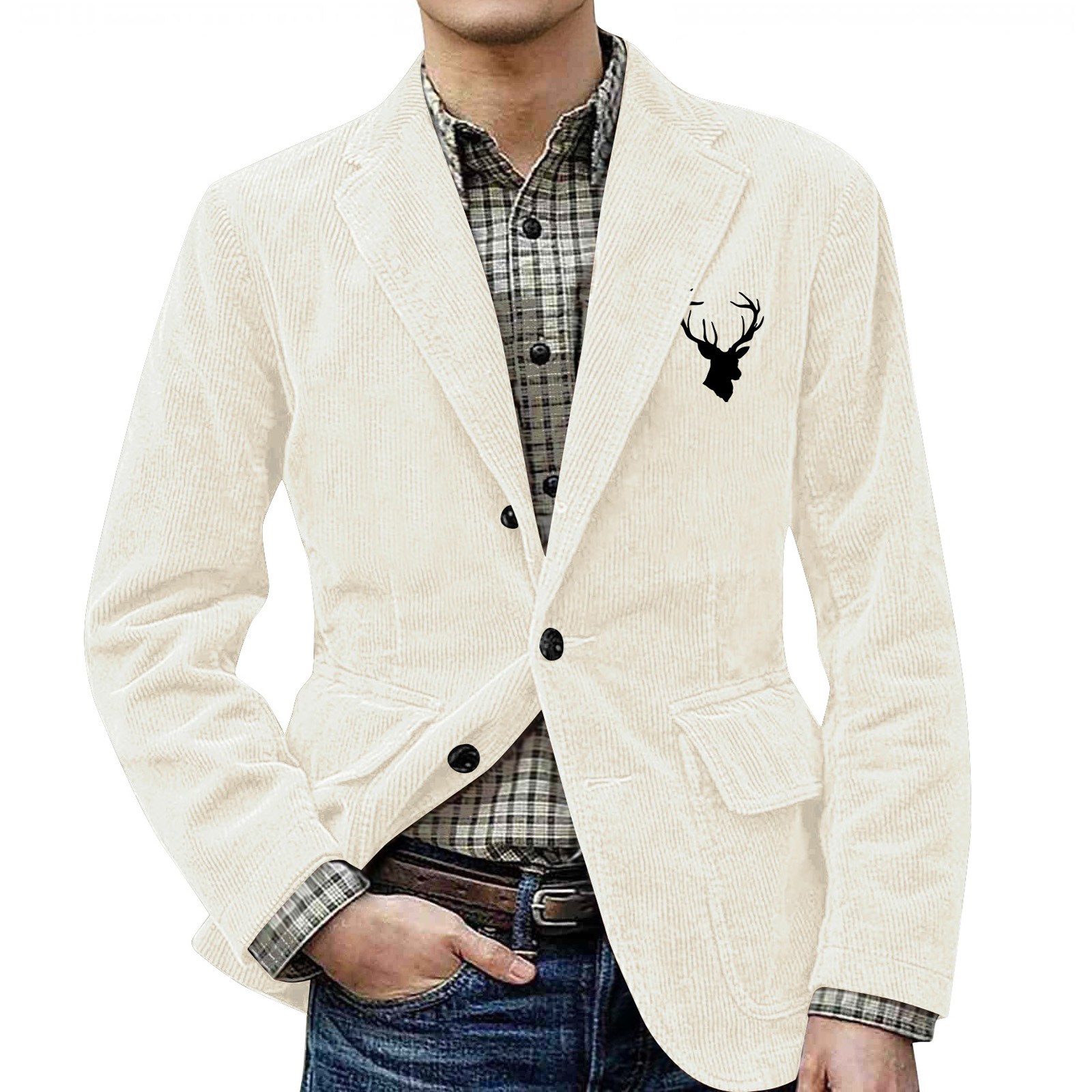 CharmCyan Men’s Corduroy Blazer Jacket with Deer Head Print Notch Lapel ...