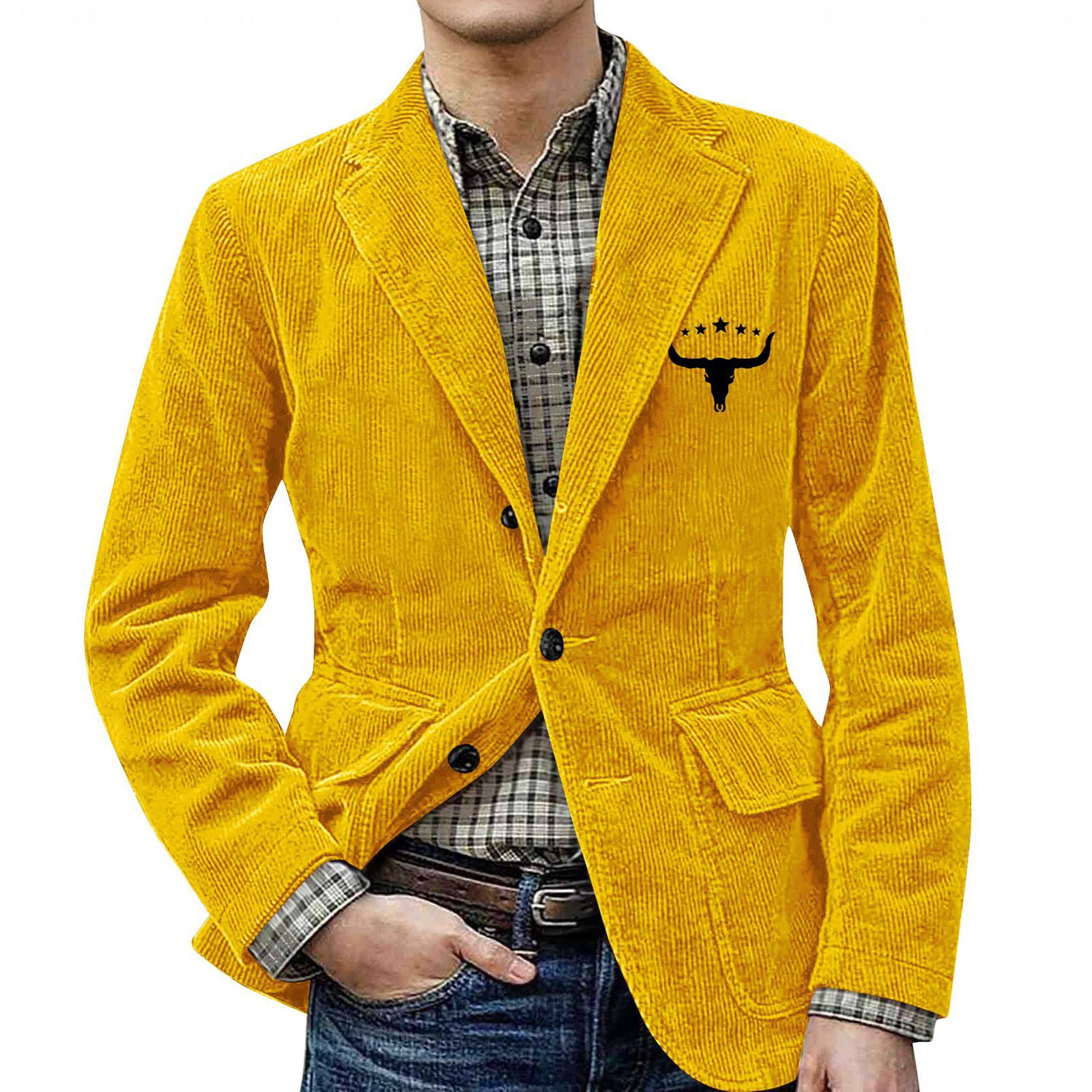 CharmCyan Men’s Corduroy Blazer with Western Bull Head Embroidery ...