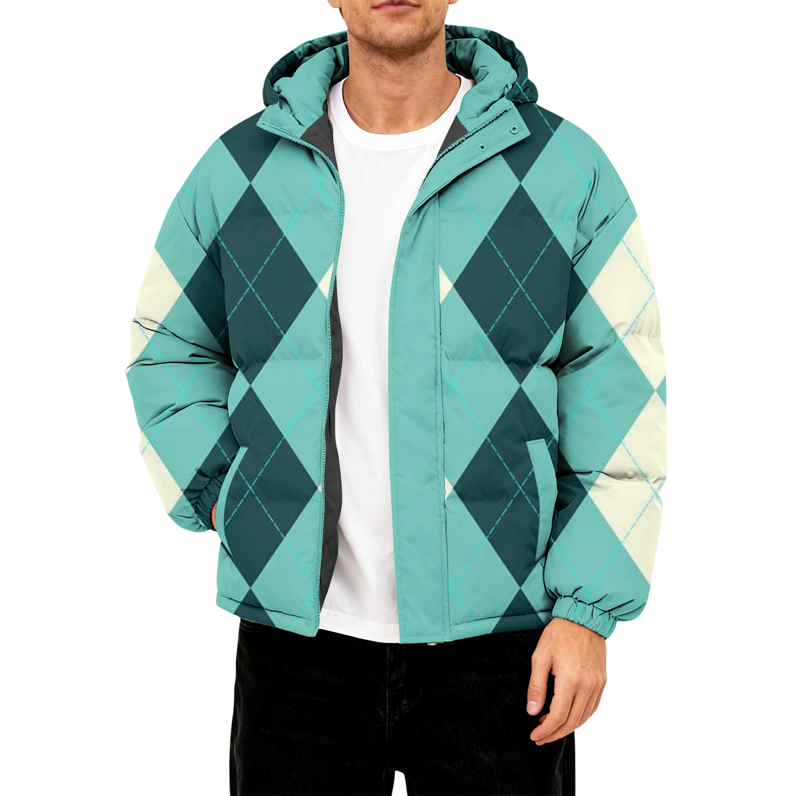 CharmCyan Men’s Hooded Puffer Jacket with Argyle Print Full Zip Closure ...