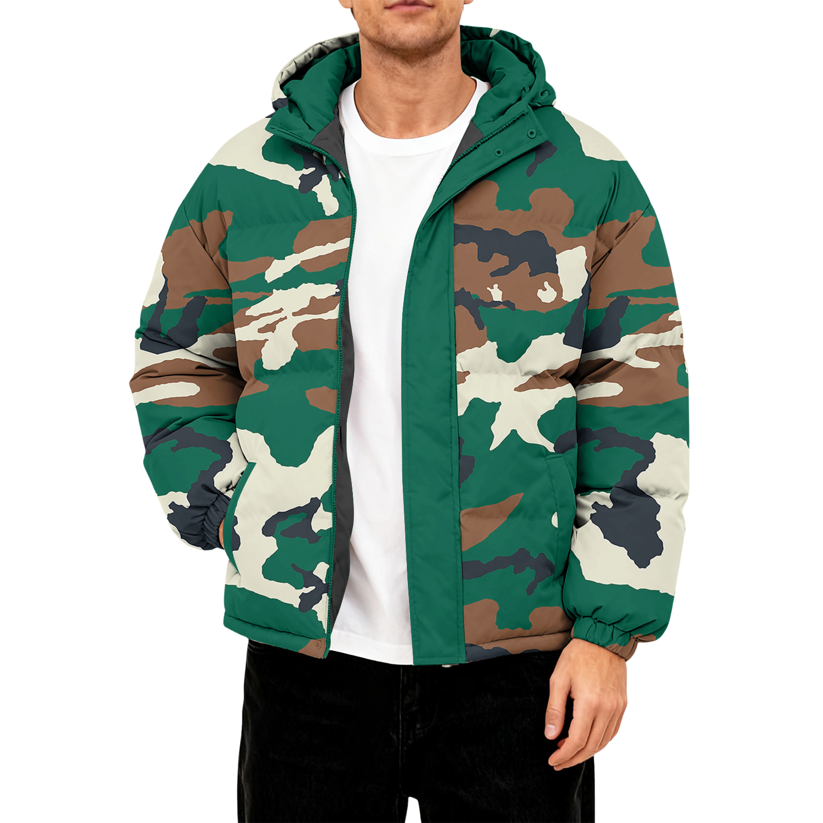 CharmCyan Men's Hooded Puffer Jacket with Camouflage Print Full Zip ...