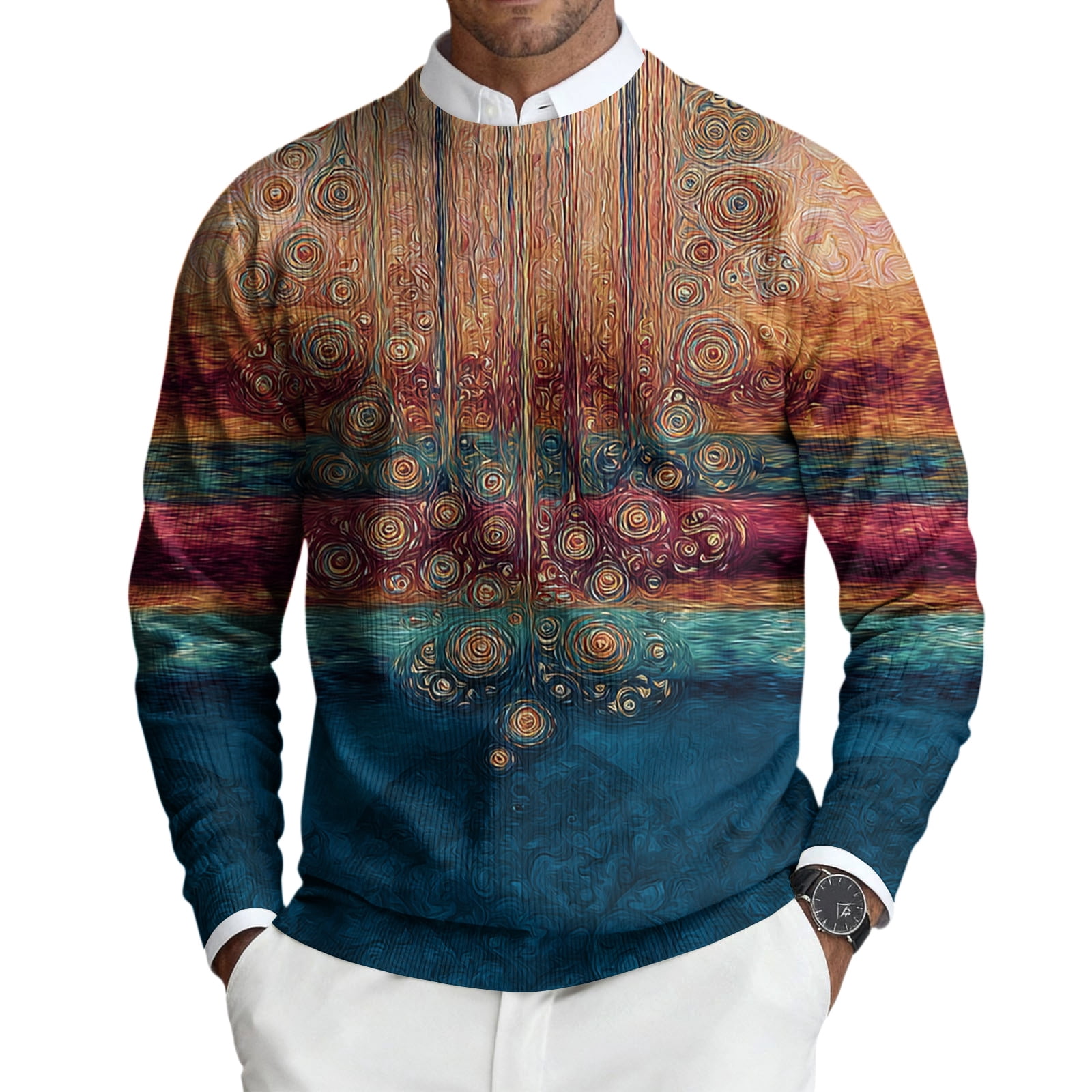 CharmCyan Men’s Long Sleeve Crew Neck Sweater with Abstract Floral ...