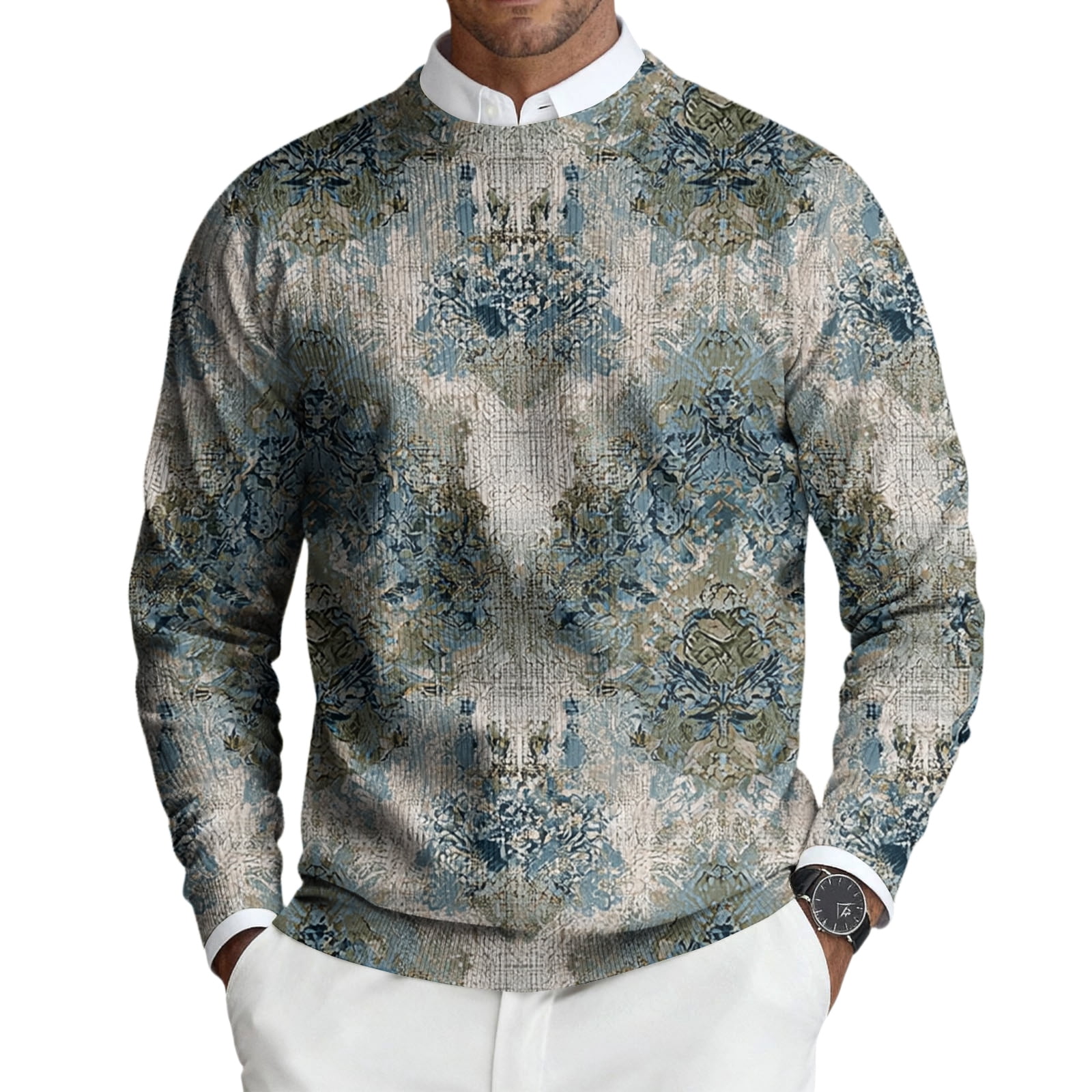 CharmCyan Men’s Long Sleeve Crewneck Pullover with Geometric Paisley ...