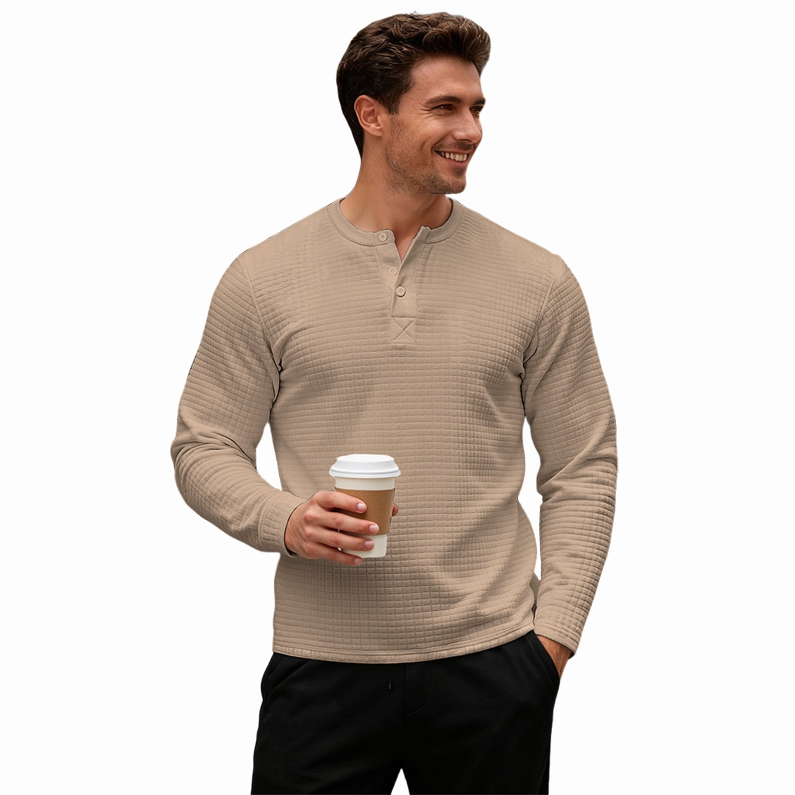 CharmCyan Men’s Long Sleeve Henley Shirt Waffle Knit Pullover Casual ...