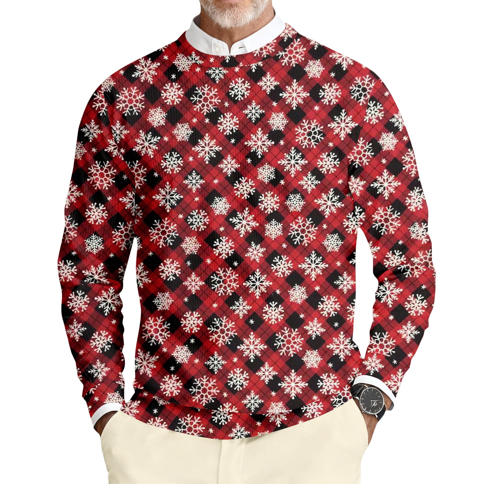 CharmCyan Men's Printed Round Neck Long Sleeve Ribbed Knit Sweatshirt ...