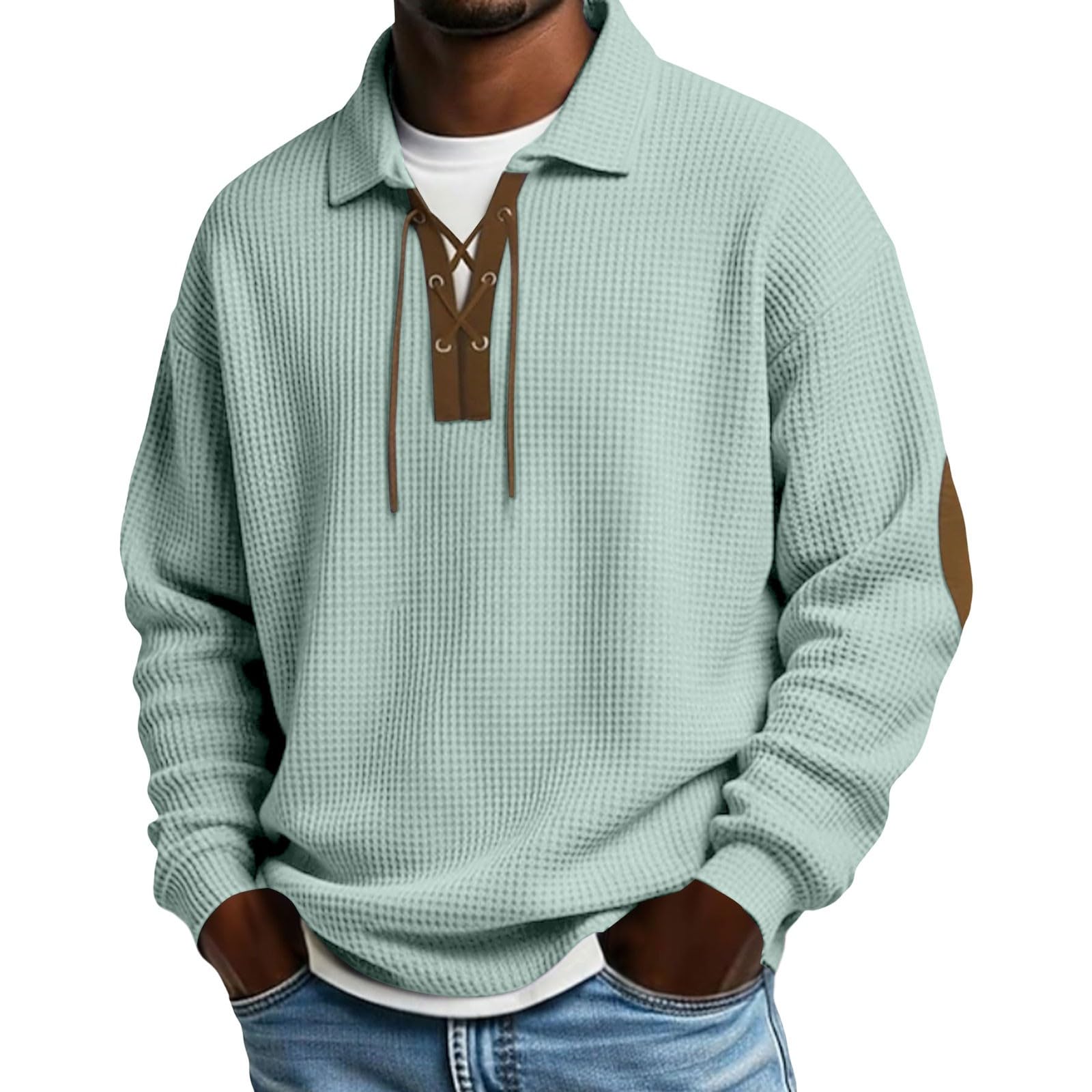 CharmCyan Men’s Waffle Knit Long Sleeve Pullover with Lace Up Detail ...